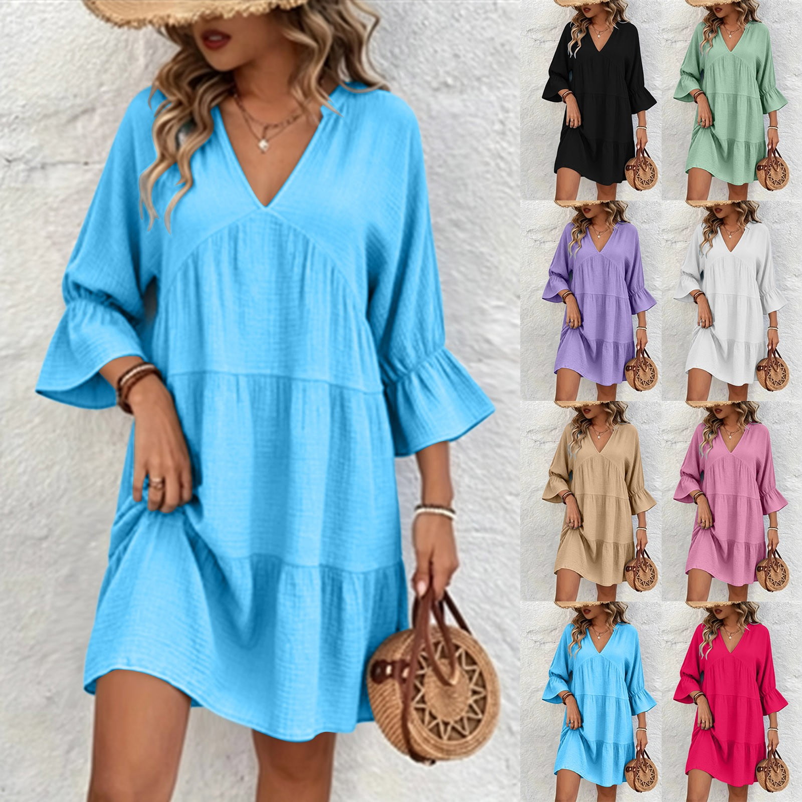 THDHVS Women's Casual Dresses,Solid Color V Neck Puff Sleeve Tiered ...