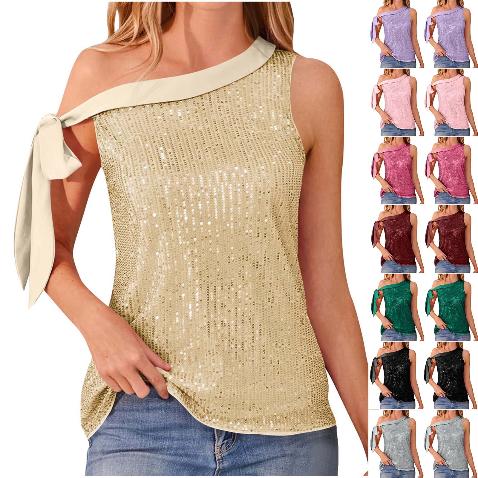 THDHVS Womens T Shirts,Sequin Camisole with Single Shoulder Strap and ...