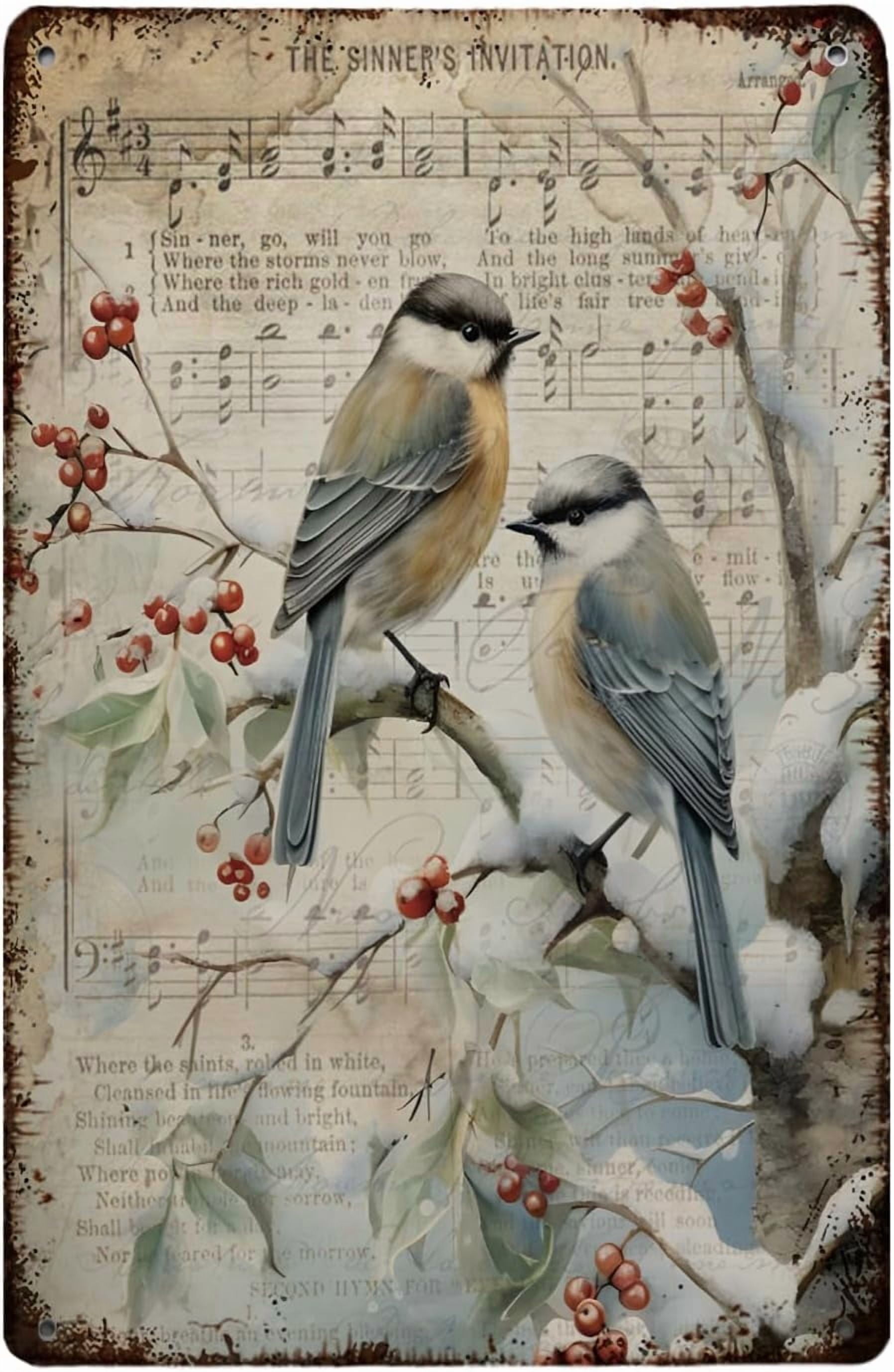 THDSE Retro Winter Birds Decor Tin Sign, Vintage Black Capped Chickadee ...