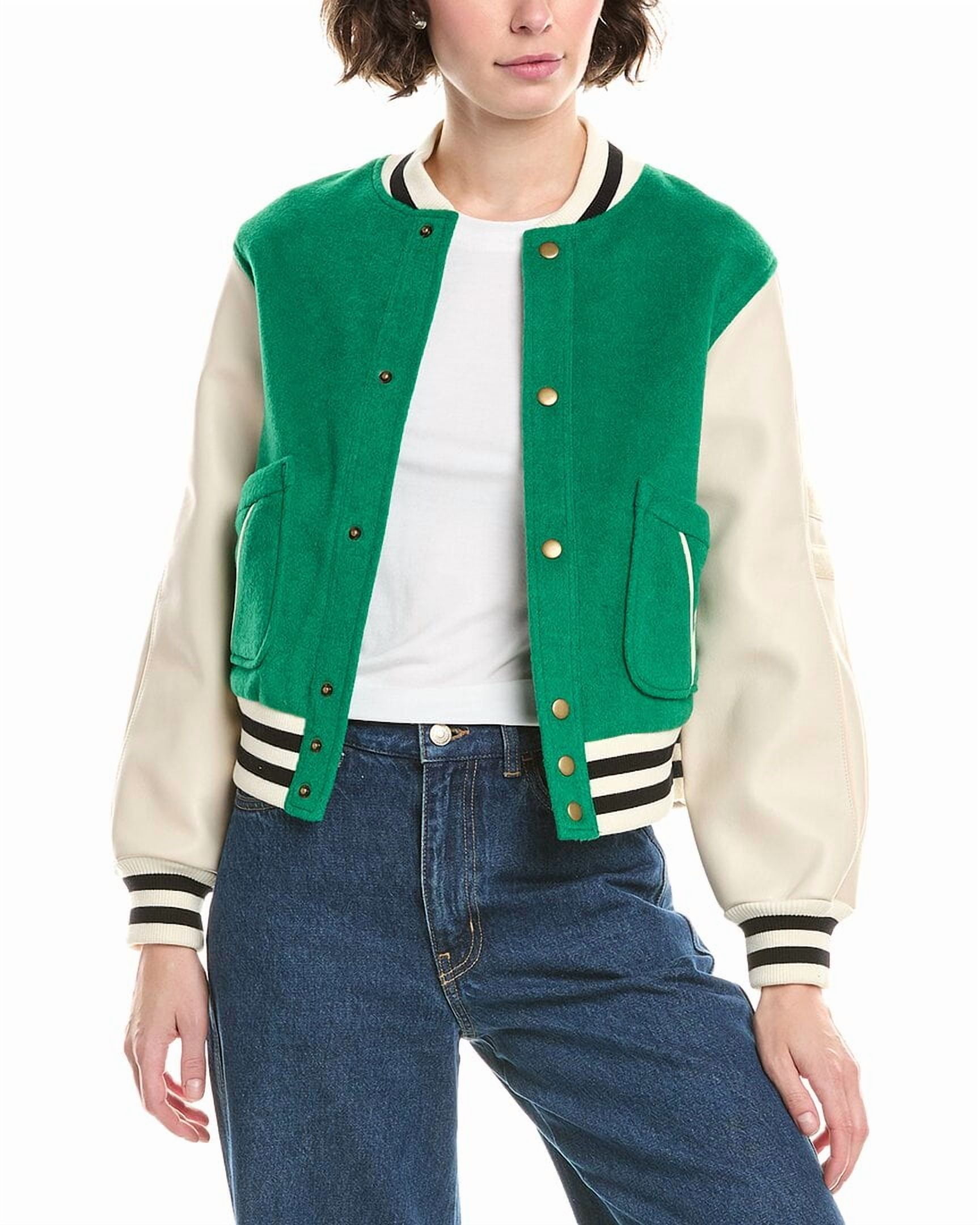 THE GREAT womens Varsity Wool & Leather-Blend Bomber Jacket, 0, Green ...