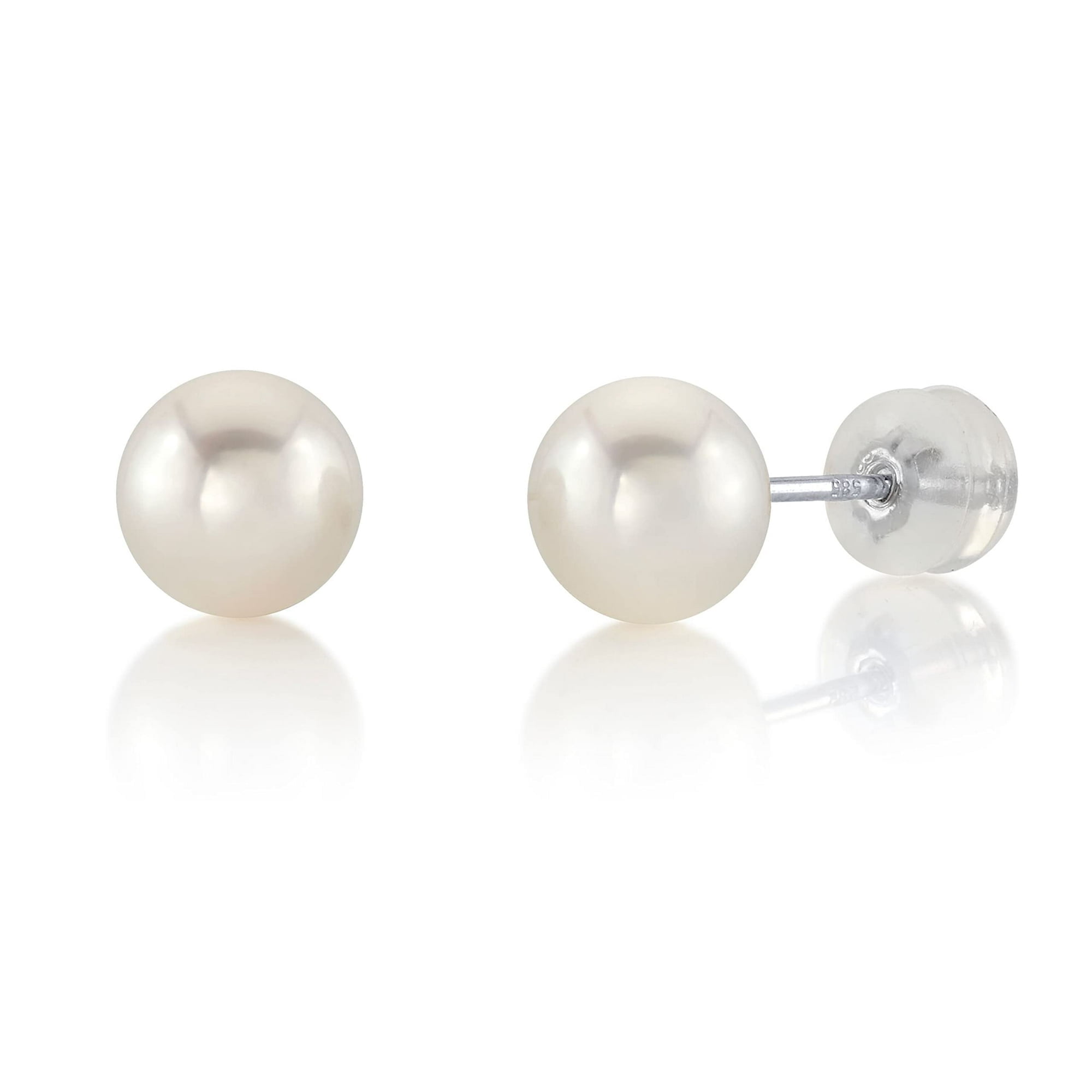 THE PEARL SOURCE Round White Freshwater Real Pearl Earrings for Women ...