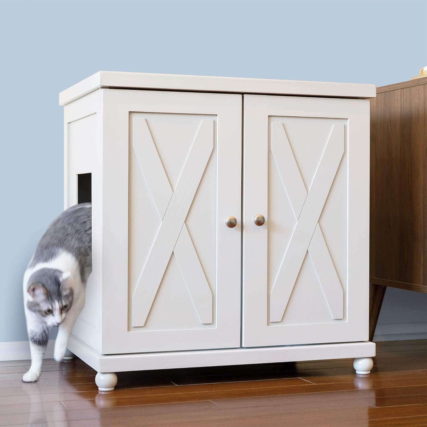 THE REFINED FELINE Cat Litter Box Enclosure Cabinet, Farmhouse, White ...