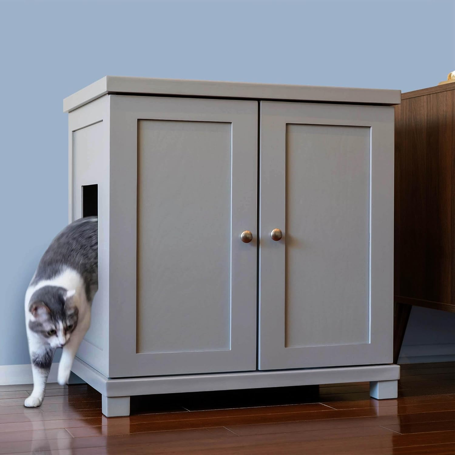 THE REFINED FELINE Cat Litter Box Enclosure Cabinet, Modern, Smoke Gray ...