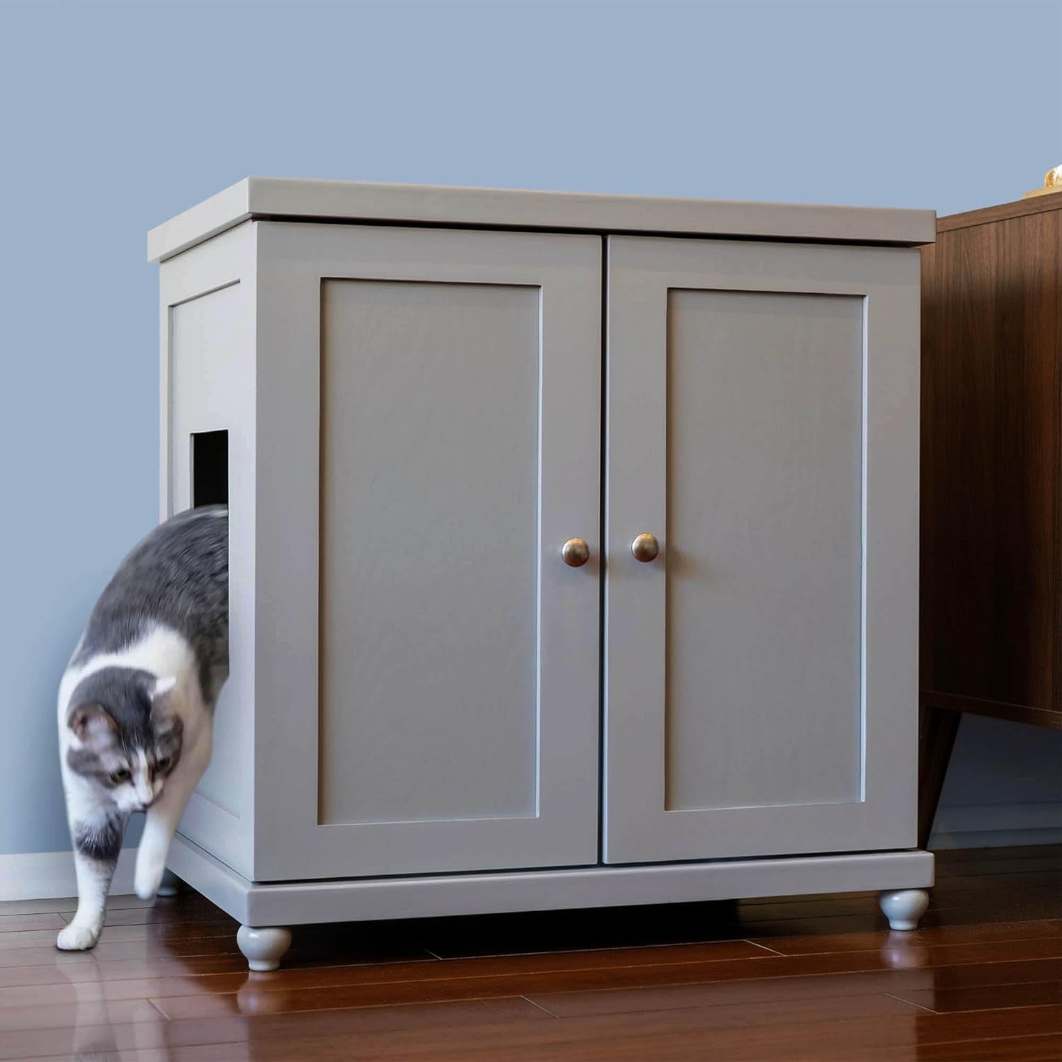 THE REFINED FELINE Cat Litter Box Enclosure Cabinet, Modern, Smoke Gray ...