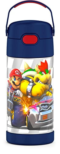 THERMOS FUNTAINER 12 Ounce Stainless Steel Vacuum Insulated Kids Straw Bottle, Super Mario ...
