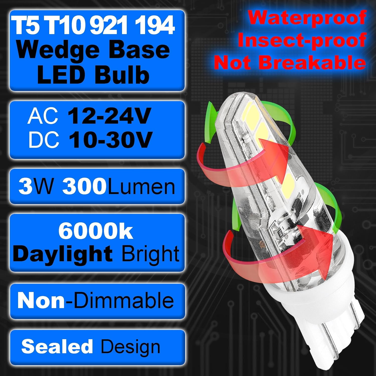THESG-15W 20W T5 T10 Wedge Base LED Light Bulb 300lm AC/DC 12V-24V ...