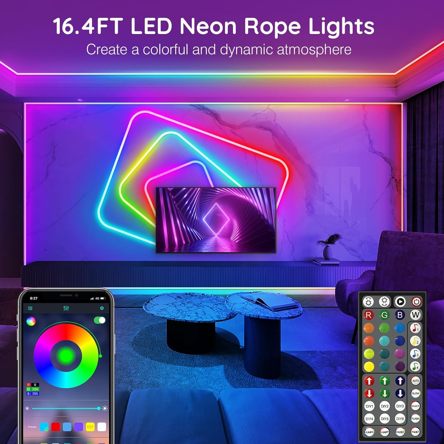 THESG-16.4Ft Neon Rope Lights,Flexible Led Rope Lights Control with App ...