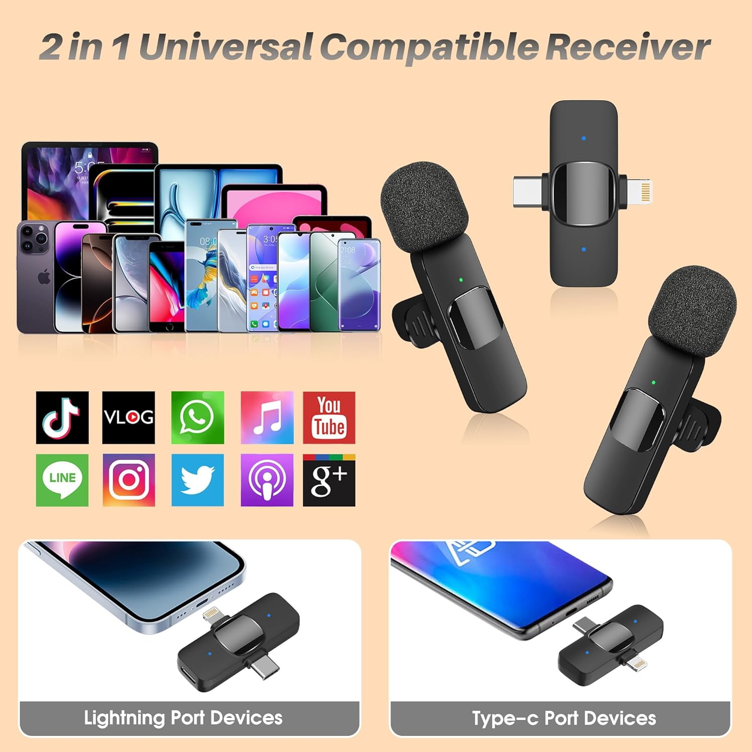 THESG-2 in 1 Wireless Lavalier Microphone for iPhone iPad and Android Phone, Plug and Play Laple ...