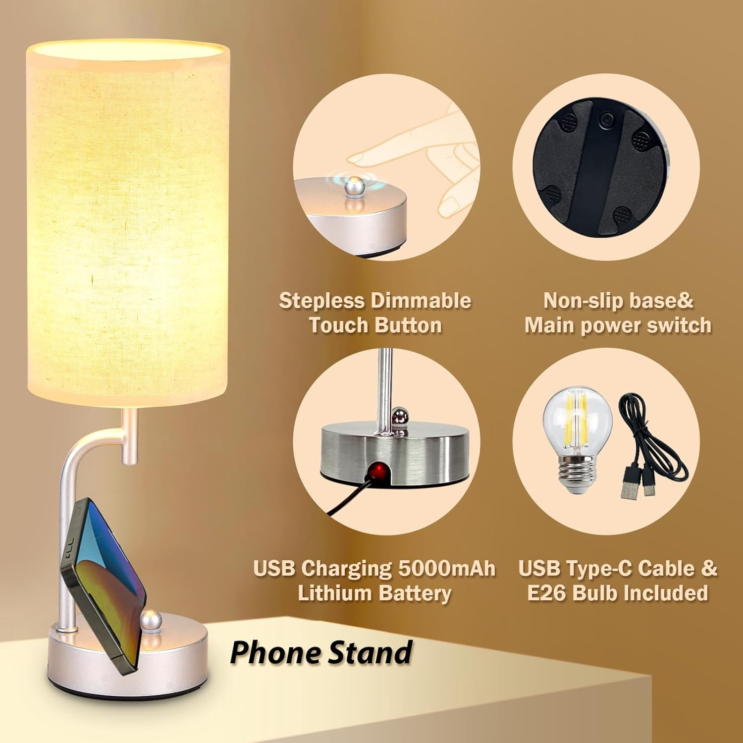 THESG-2 Pack Cordless Bedside Table Lamp, 5000mAh Rechargeable Battery ...