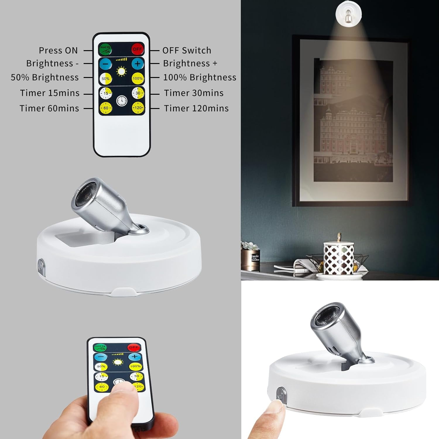 THESG-2-Pack LED Spotlight Battery Operated Picture Lights, Puck Lights ...