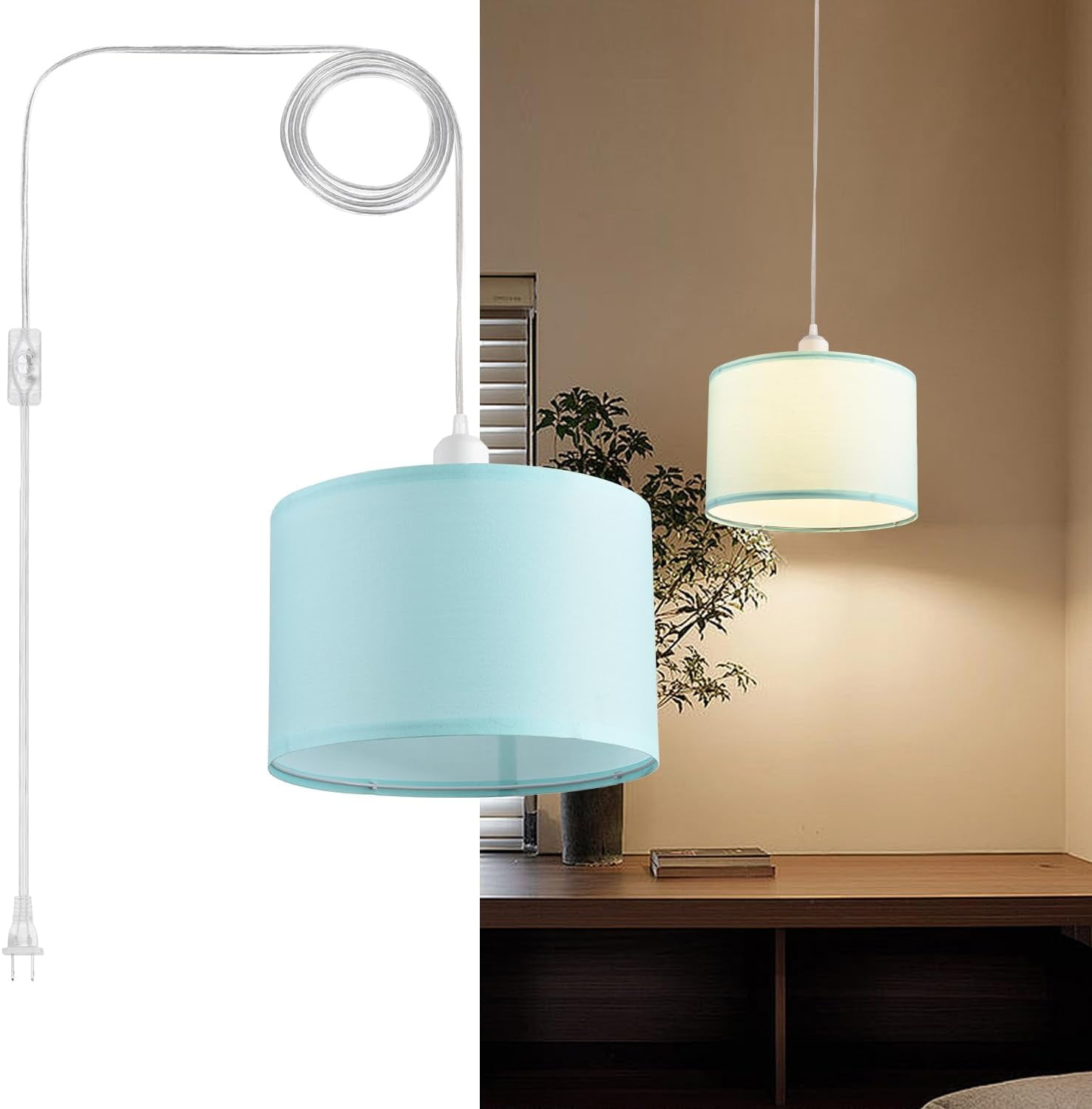THESG-2 Pack Plug in Pendant Light, Hanging Light with 15Ft Clear Cord ...