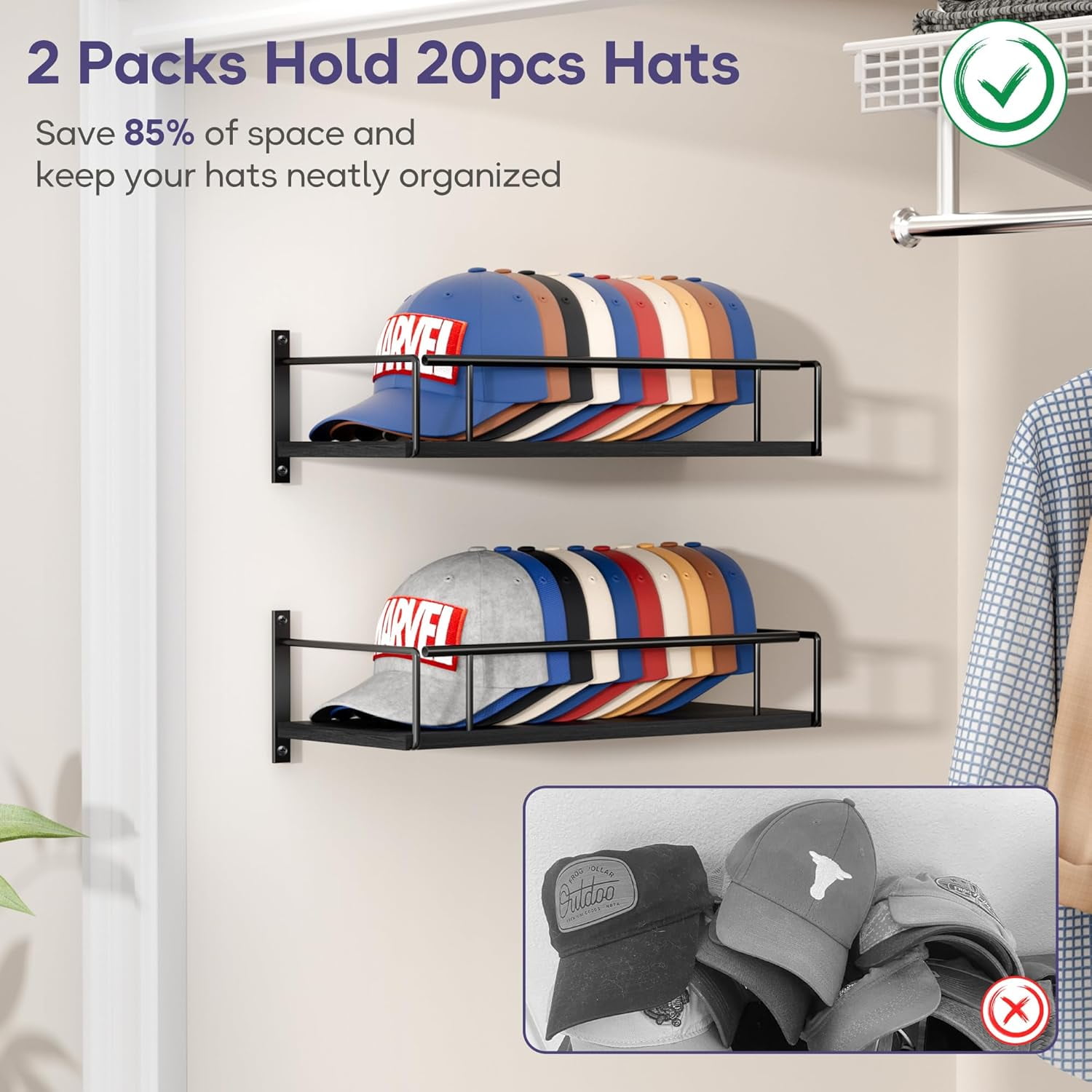 THESG-2 Packs Hat Rack for Wall Hold 20 pcs Caps, Wall Mounted Hat ...