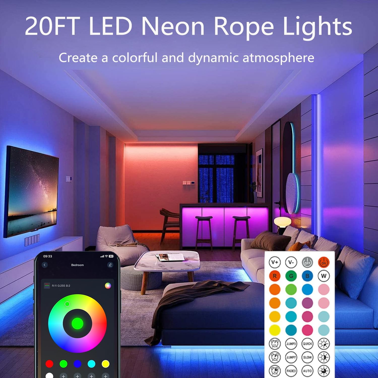 THESG-20Ft Neon Rope Lights,Flexible Led Rope Lights Control with App ...