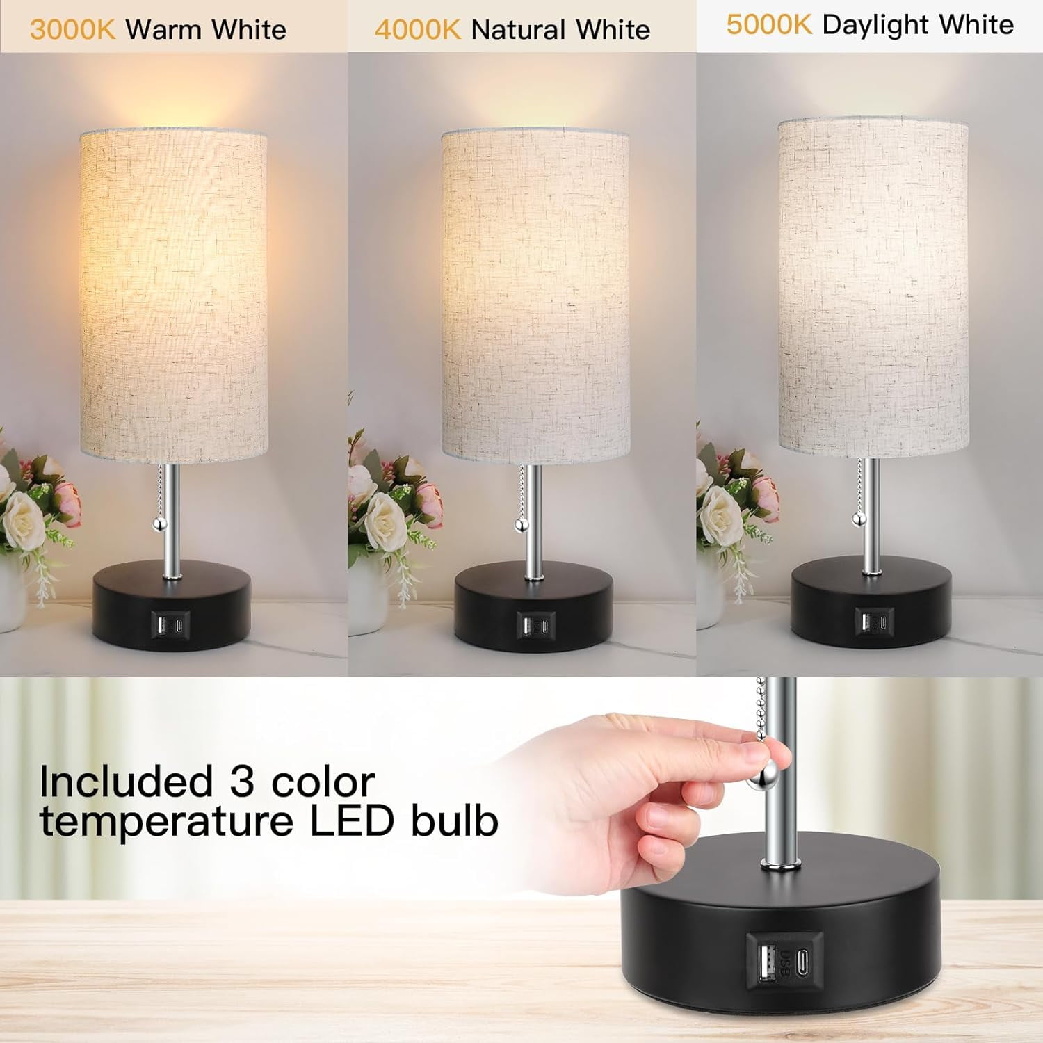 THESG-3-Color Temperature Bedside Lamp Nightstand Lamp with USB A Port ...