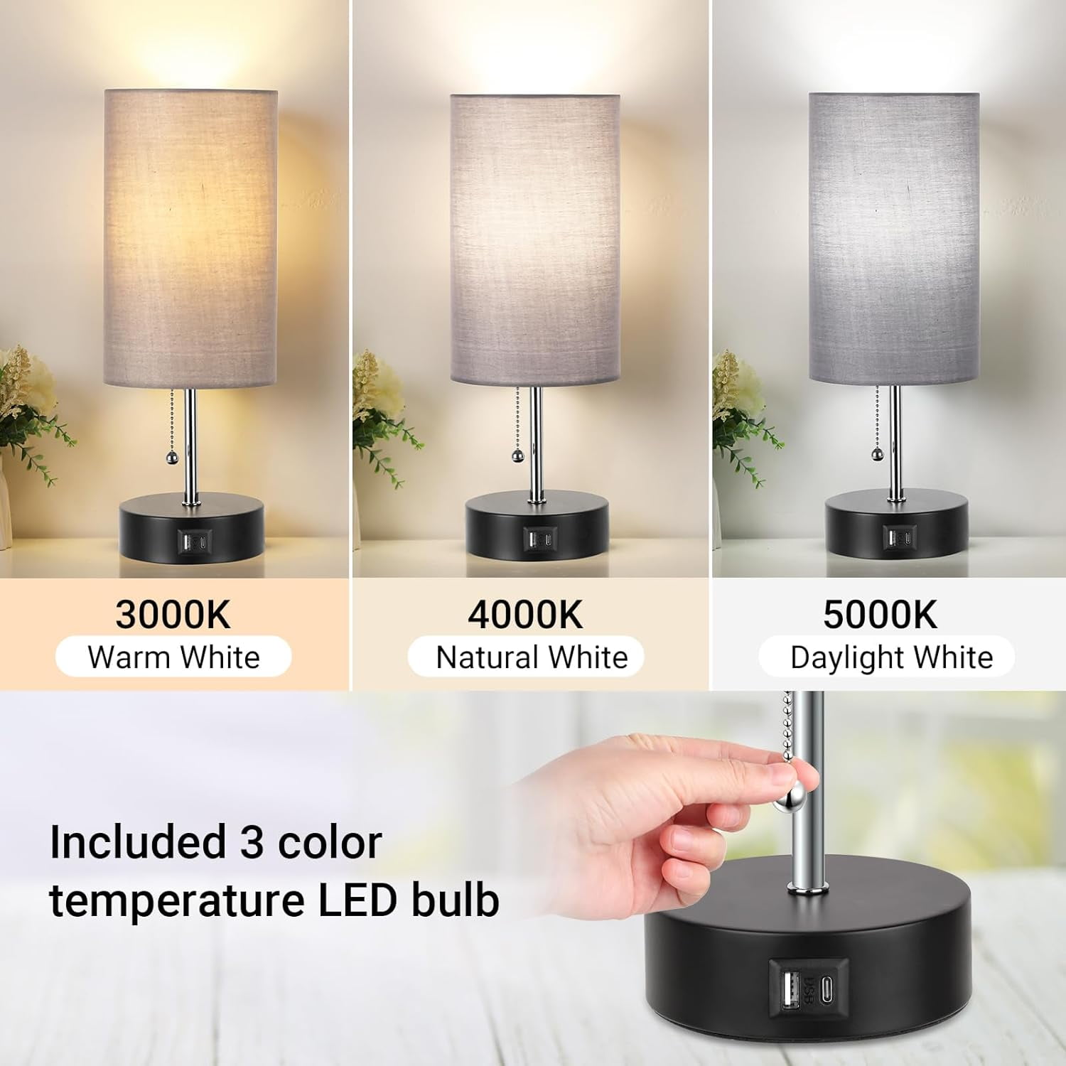 THESG-3-Color Temperature Bedside Lamp Nightstand Lamp with USB A Port ...