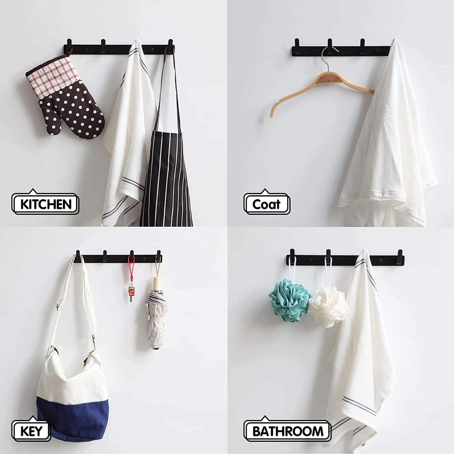 THESG-4 Hooks Matte Black Bathroom Towel Hooks Mounted Wall Adhesive ...