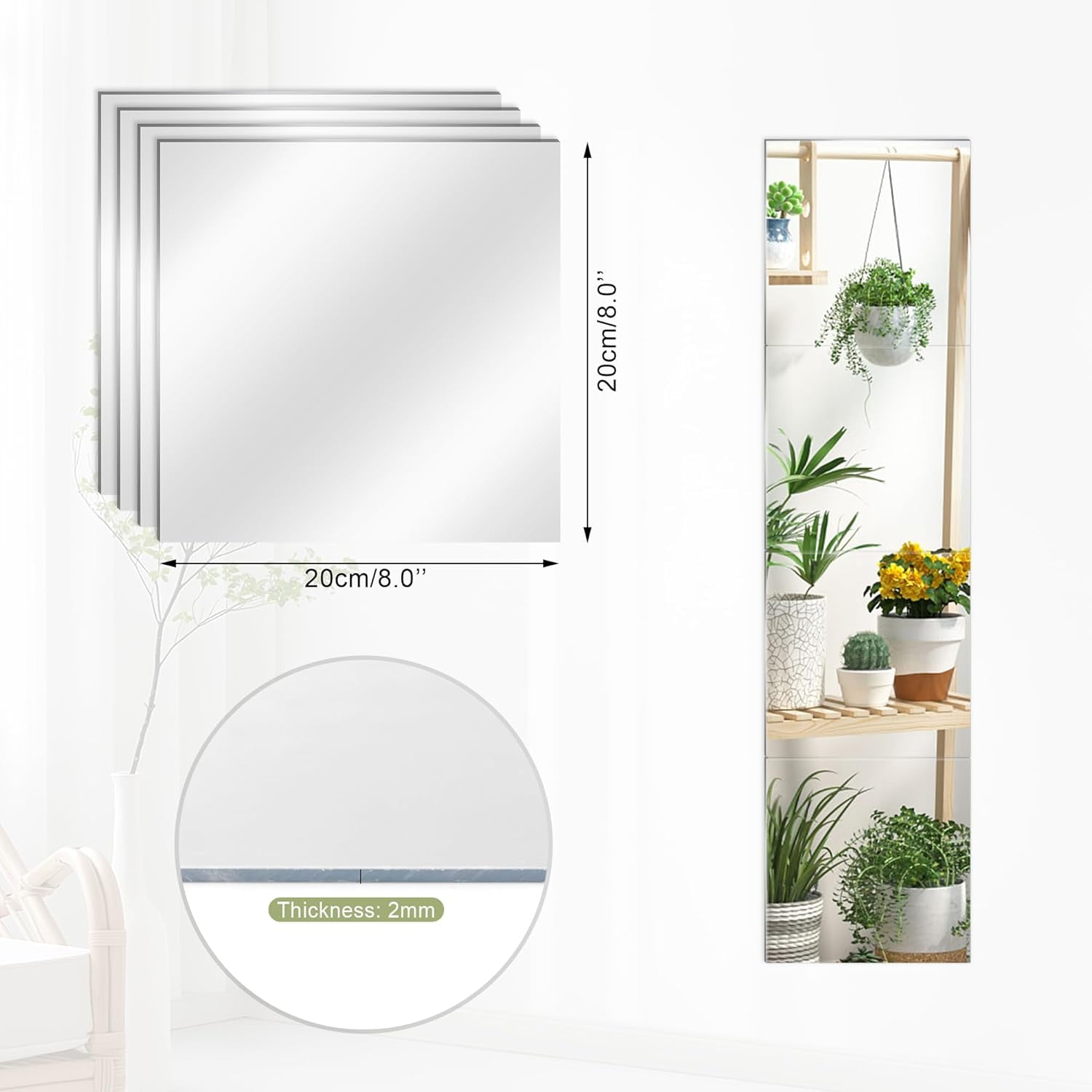 THESG-4 PCS Self Adhesive Mirrors 8" x 8" Mirror Tiles, Acrylic Mirror ...