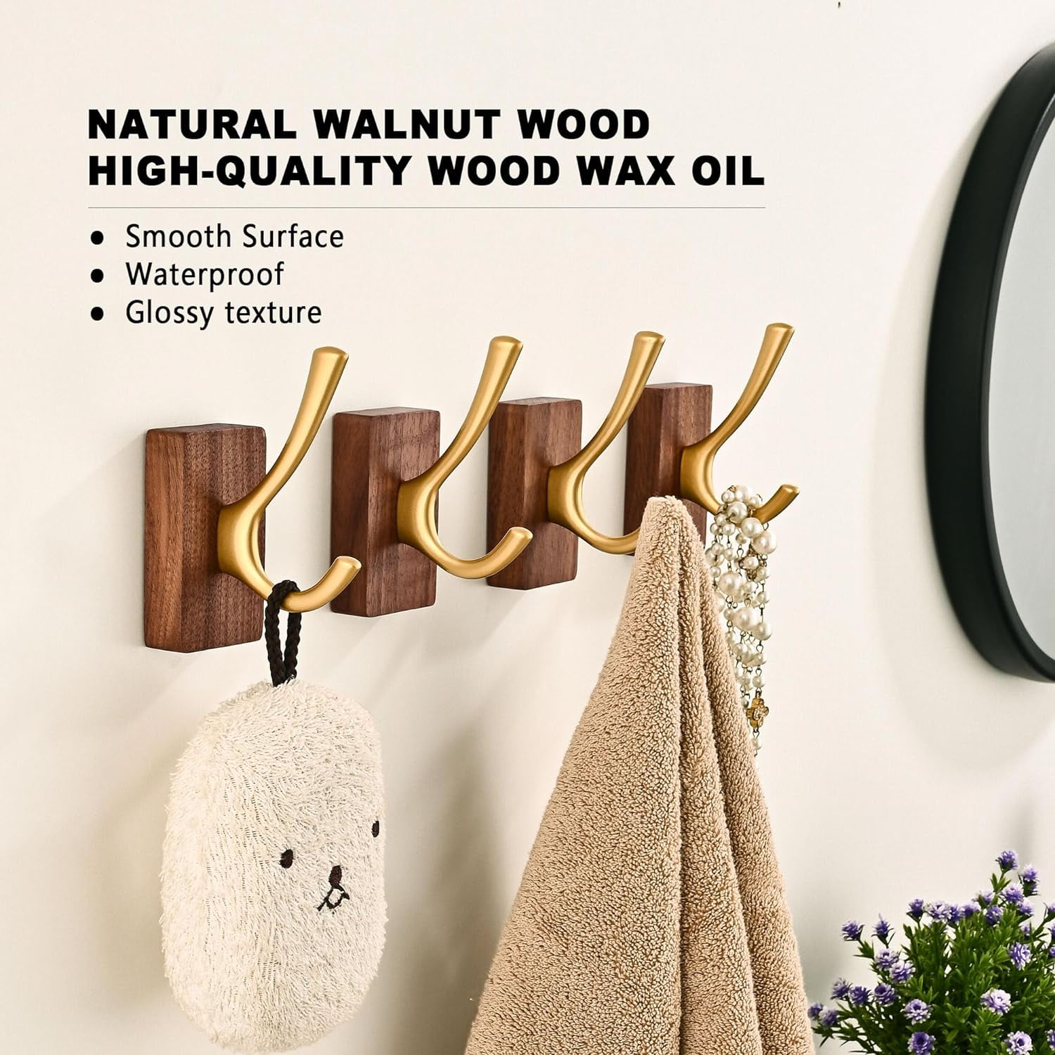 THESG-4 Pack Walnut Wood Wall Coat Hooks for Hanging, Adhesive Mounted ...