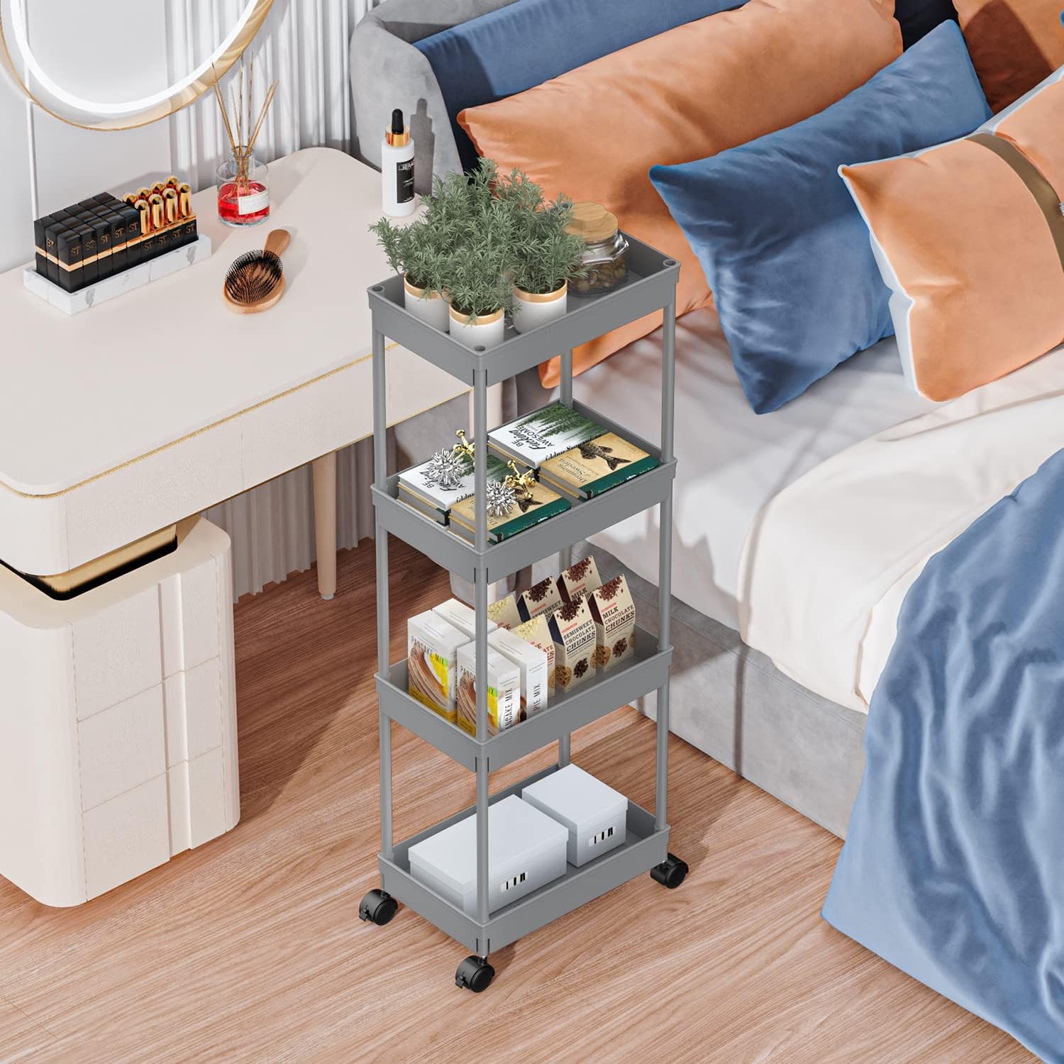 THESG-4 Tier Wide Storage Cart Mobile Shelving Unit Organizer Slide Out ...