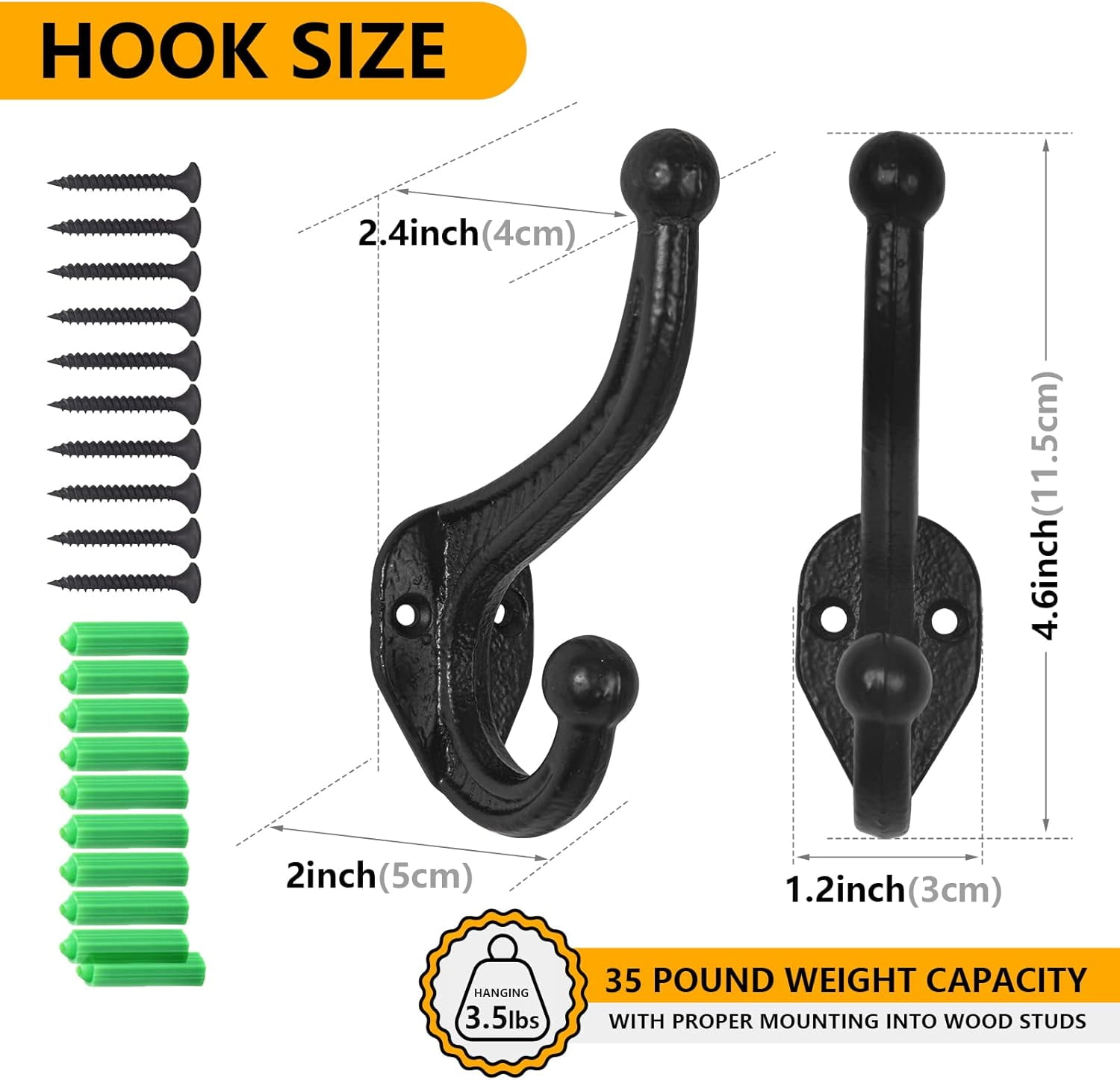 THESG-5-Pack Cast Iron Black Decorative Coat & Room Hooks - Heavy Duty ...