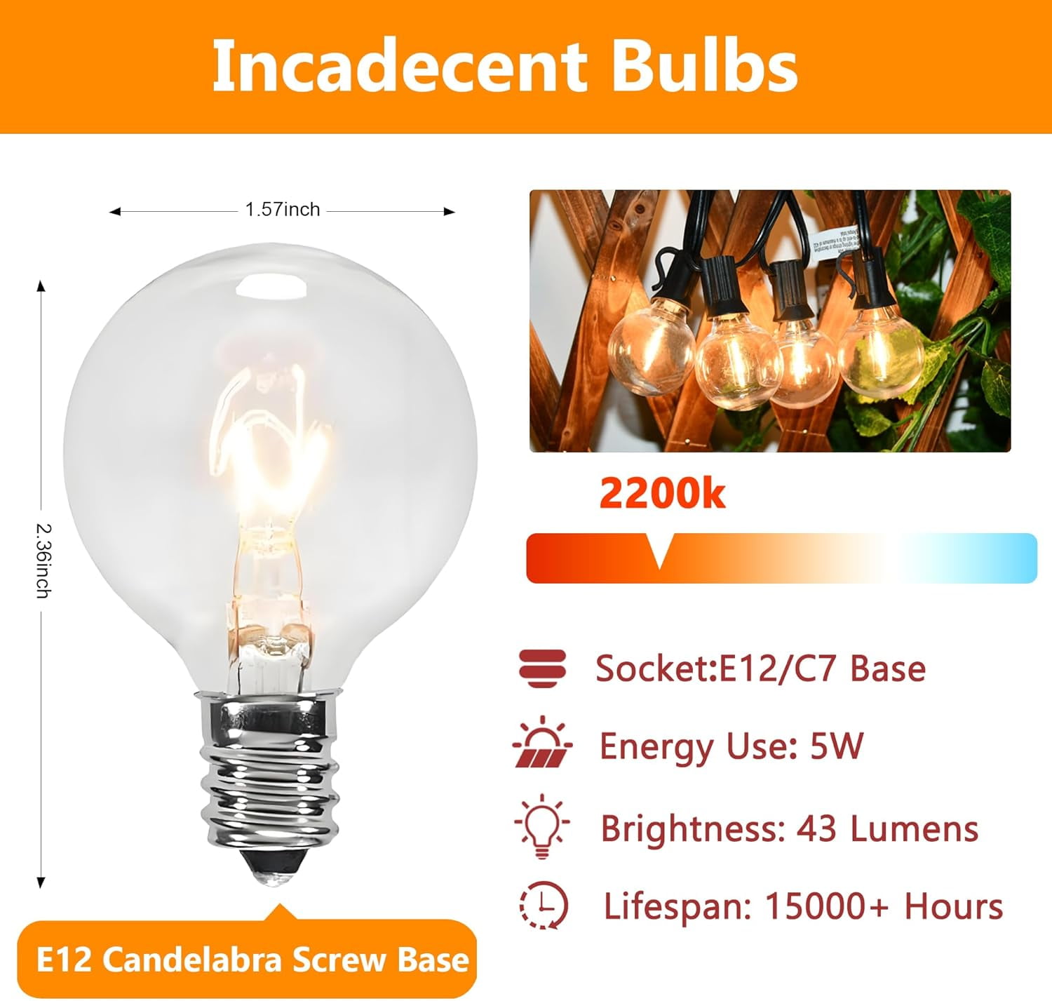 THESG-50 Pack G40 Light Bulbs Replacement, 120V 5W Clear Globe G40 ...