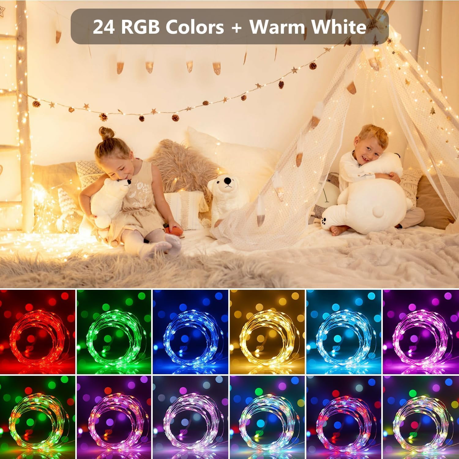 THESG-50ft Fairy Lights Plug in, Dimmable 25 Colors 14 Modes RGB+Warm White Color Changing ...