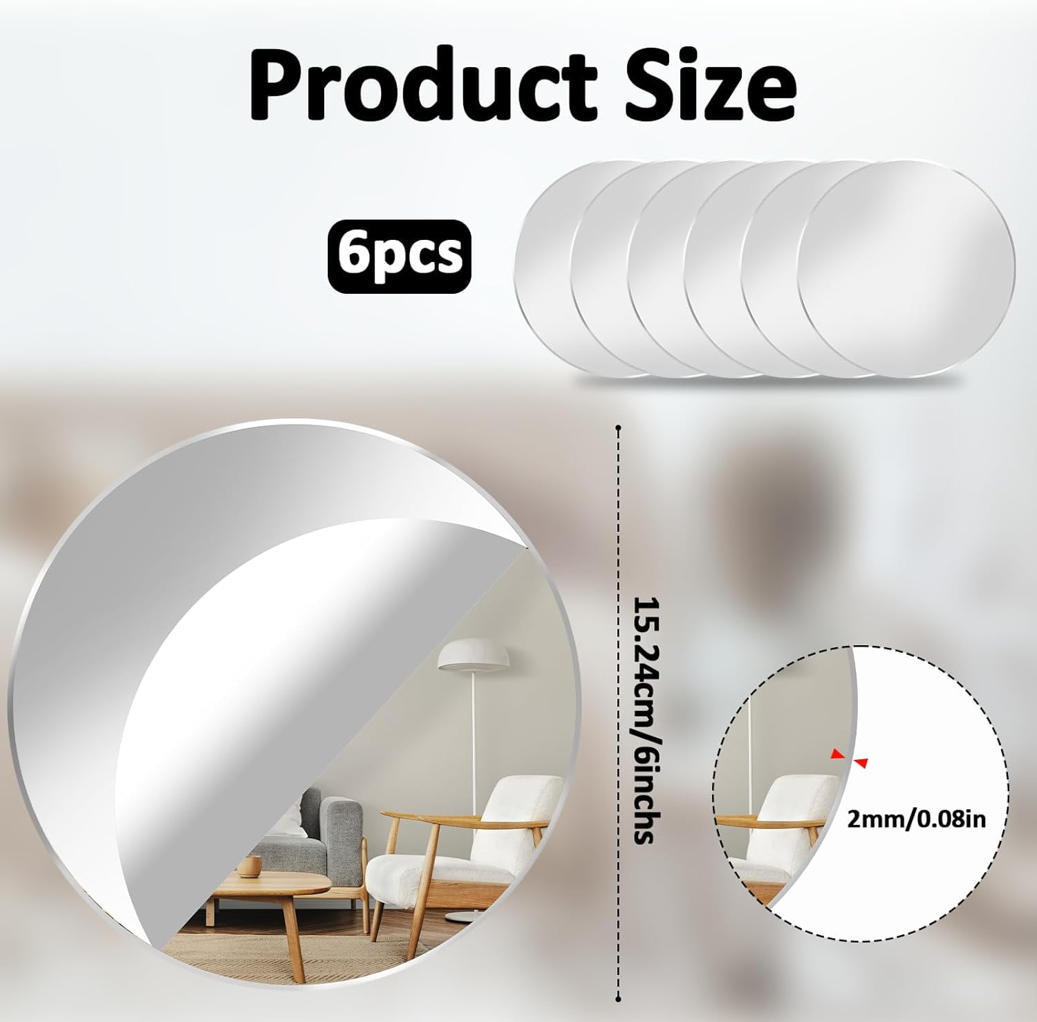THESG-6 Pack Acrylic Round Mirrors, 6 Inch Non Glass Round Mirror Plate ...