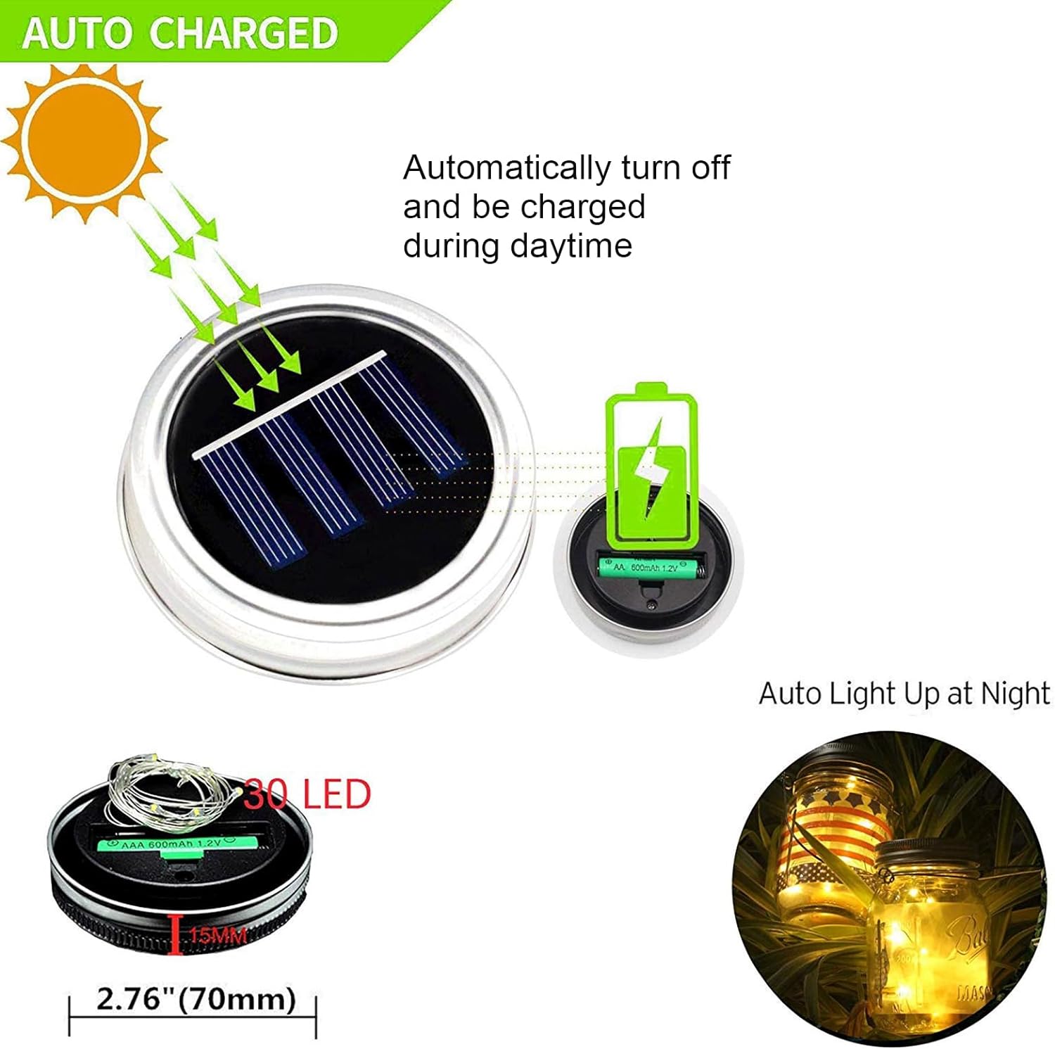 THESG-6 Pack Solar Mason Jar Lights for Outside, 30 LED Solar Mason Jar ...