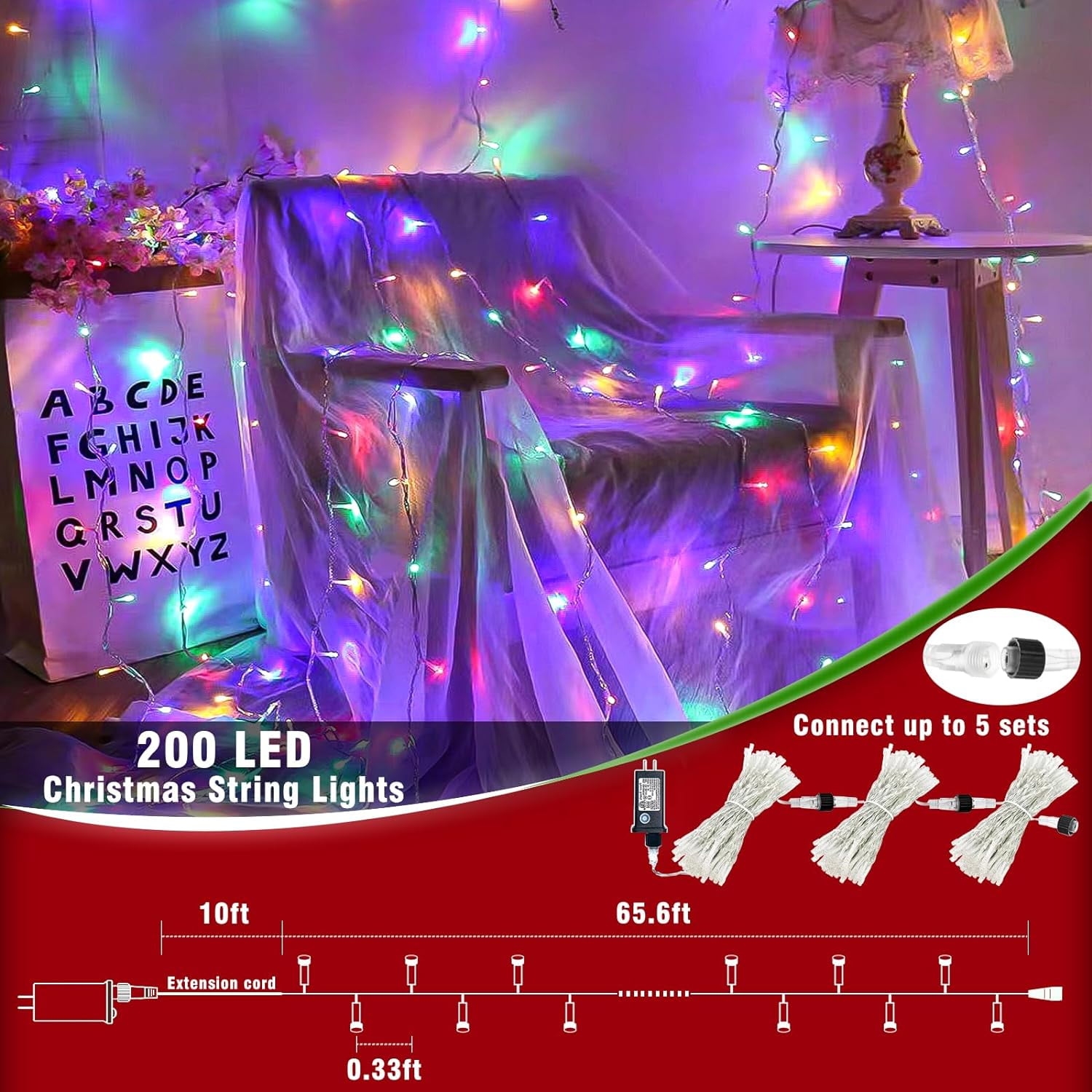 THESG-66ft Christmas Lights Outdoor Waterproof, 200 LED String Lights ...