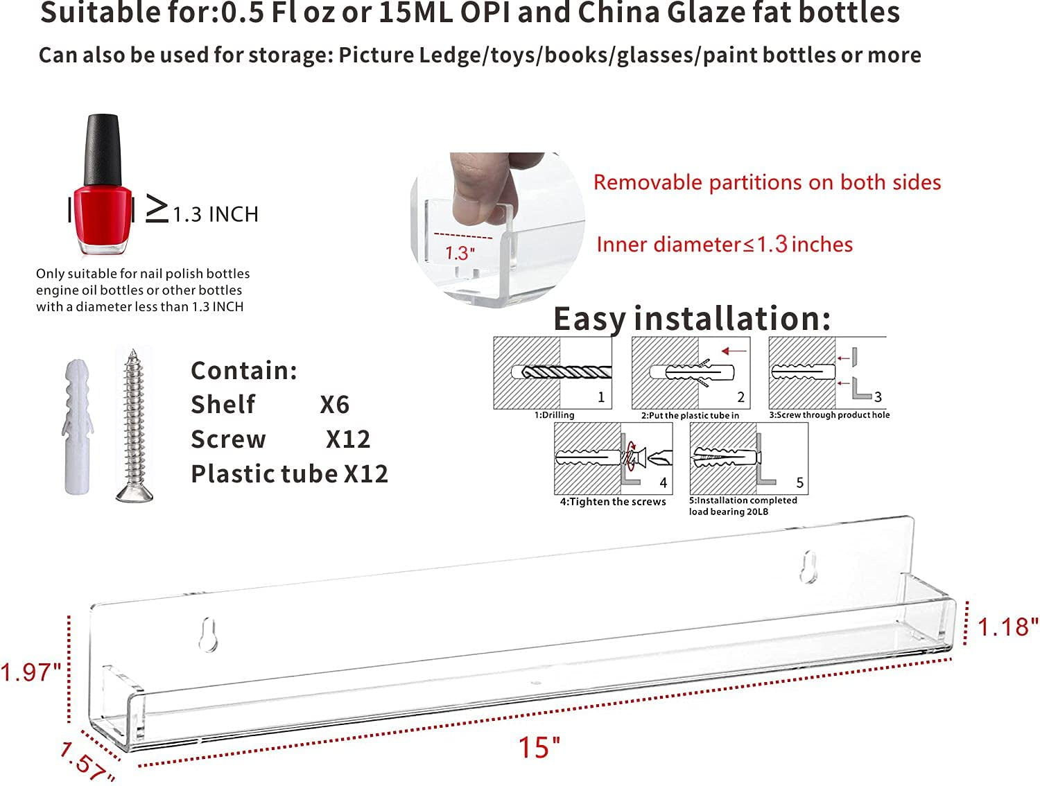 THESG-6PCS Hanging Nail Polish Rack Wall Mount Nail Polish Shelves ...