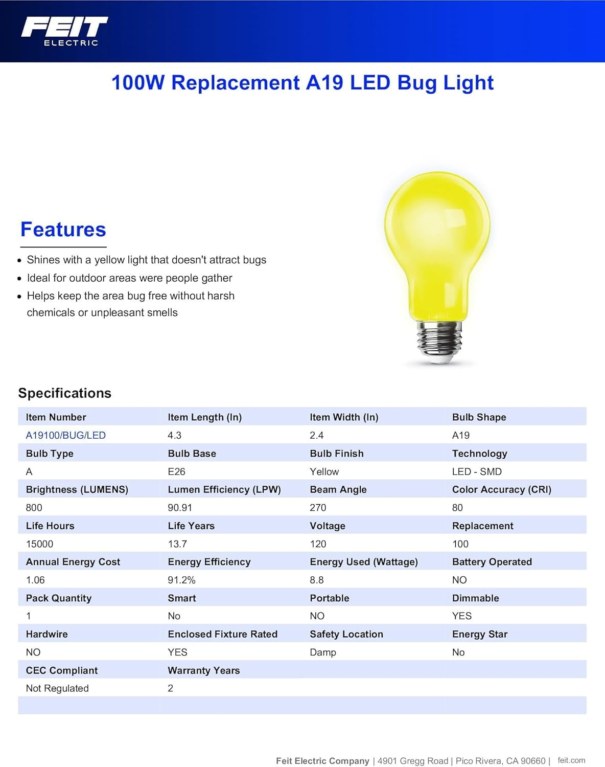 THESG-A19 Outdoor LED Bug Light, 100-Watt Equivalent, Dimmable LED ...