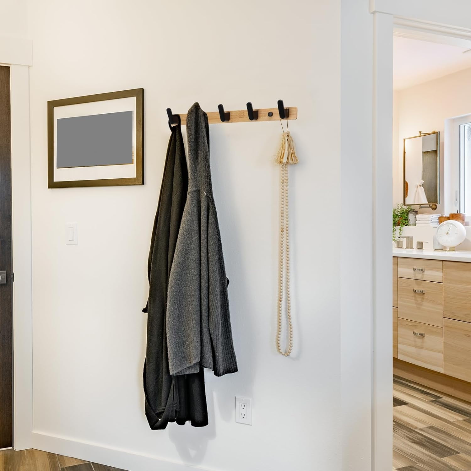 THESG-Bamboo Wooden Towel Rack Wall Mount 3 Pegs Coat Hooks Wall ...