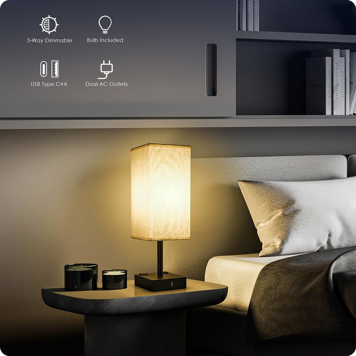 THESG-Bedside Table Lamp for Bedroom - Touch Small Lamp with USB C+A ...
