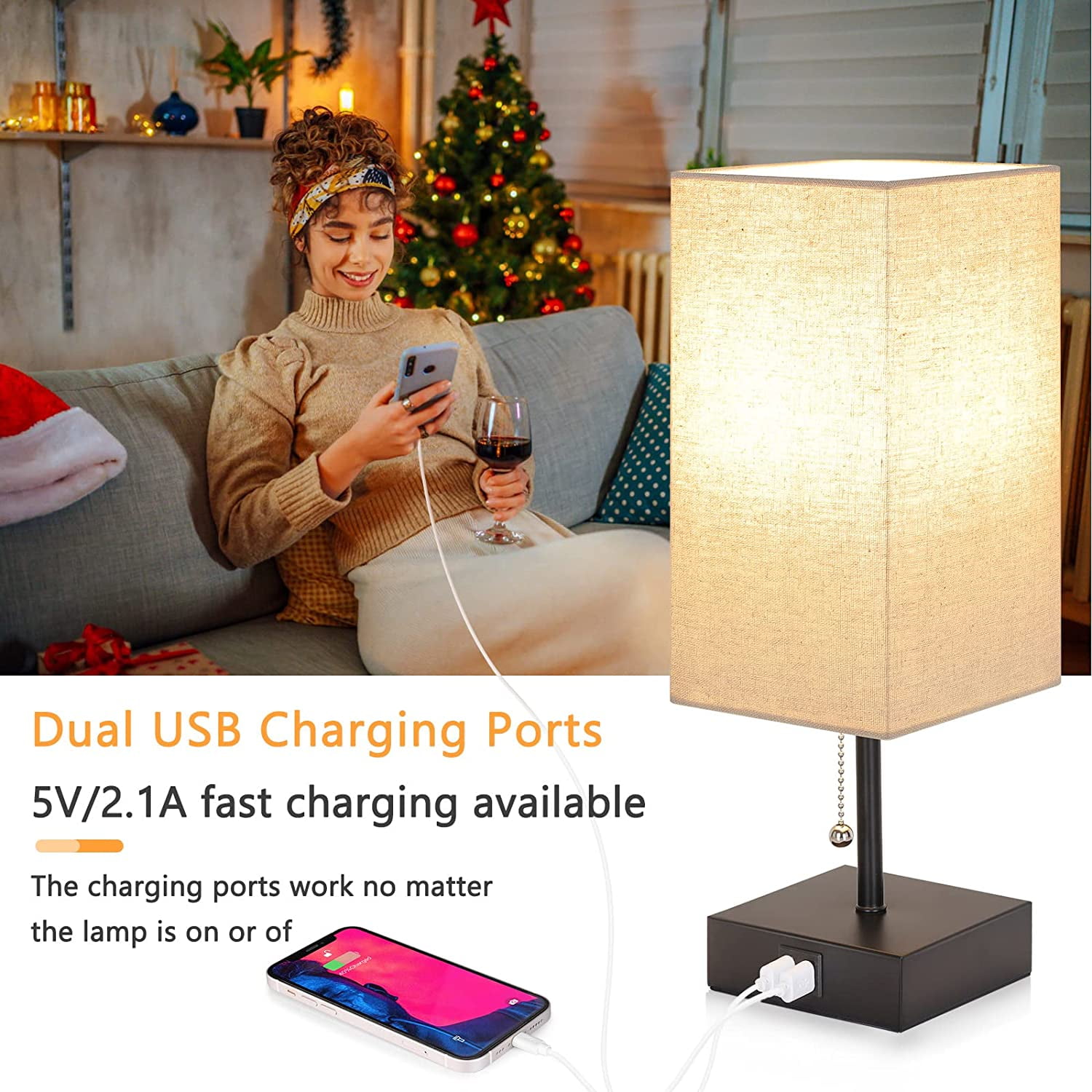 THESG-Bedside Table Lamp, Pull Chain Table Lamp with USB C+A Charging ...