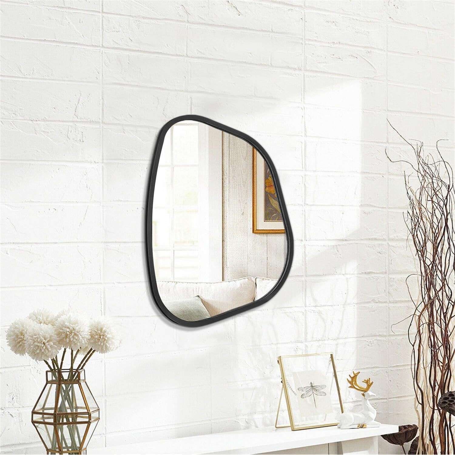 THESG-Black Asymmetrical Mirror Irregular Oval Wall Mirror Modern Wood ...