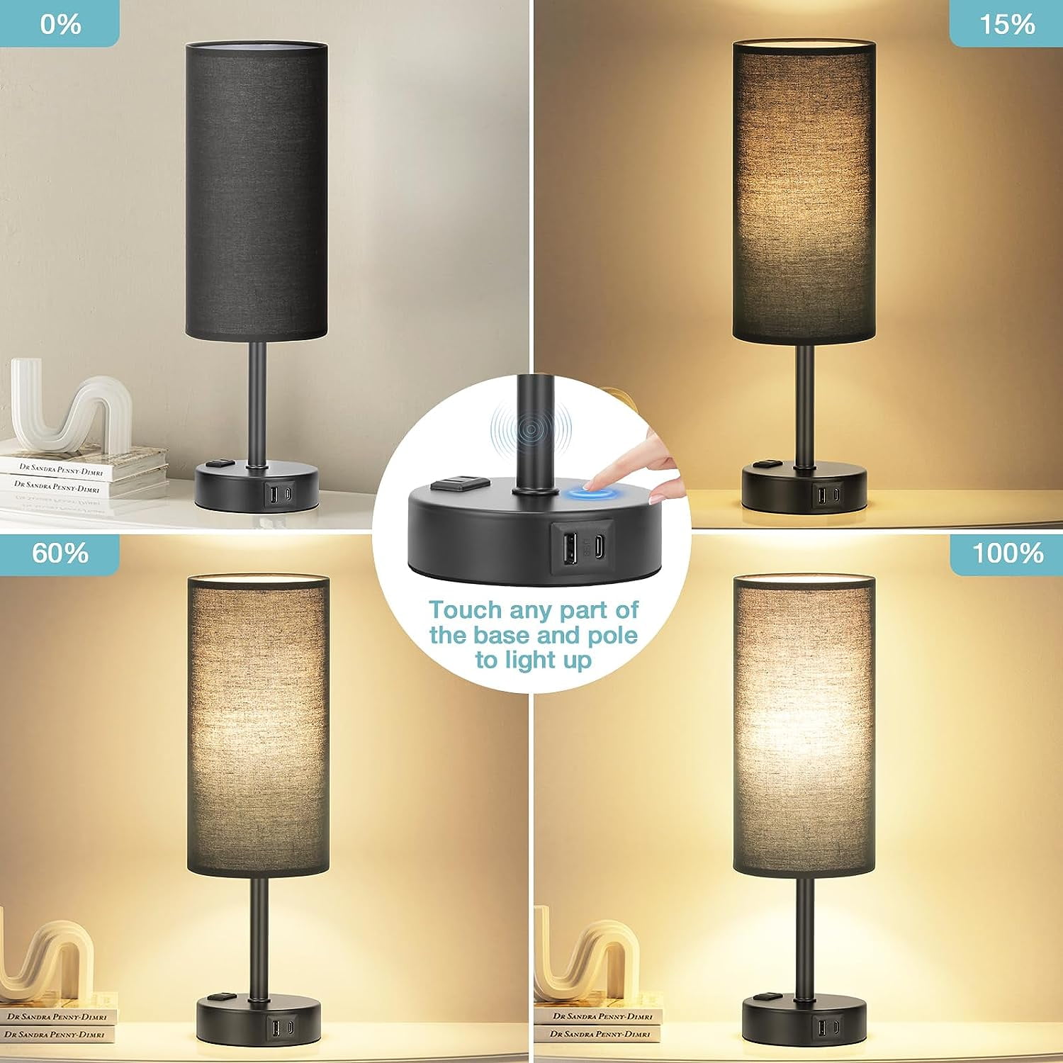 THESG-Black Bedroom Lamp for Nightstand - 3 Way Dimmable Bedside Lamp ...