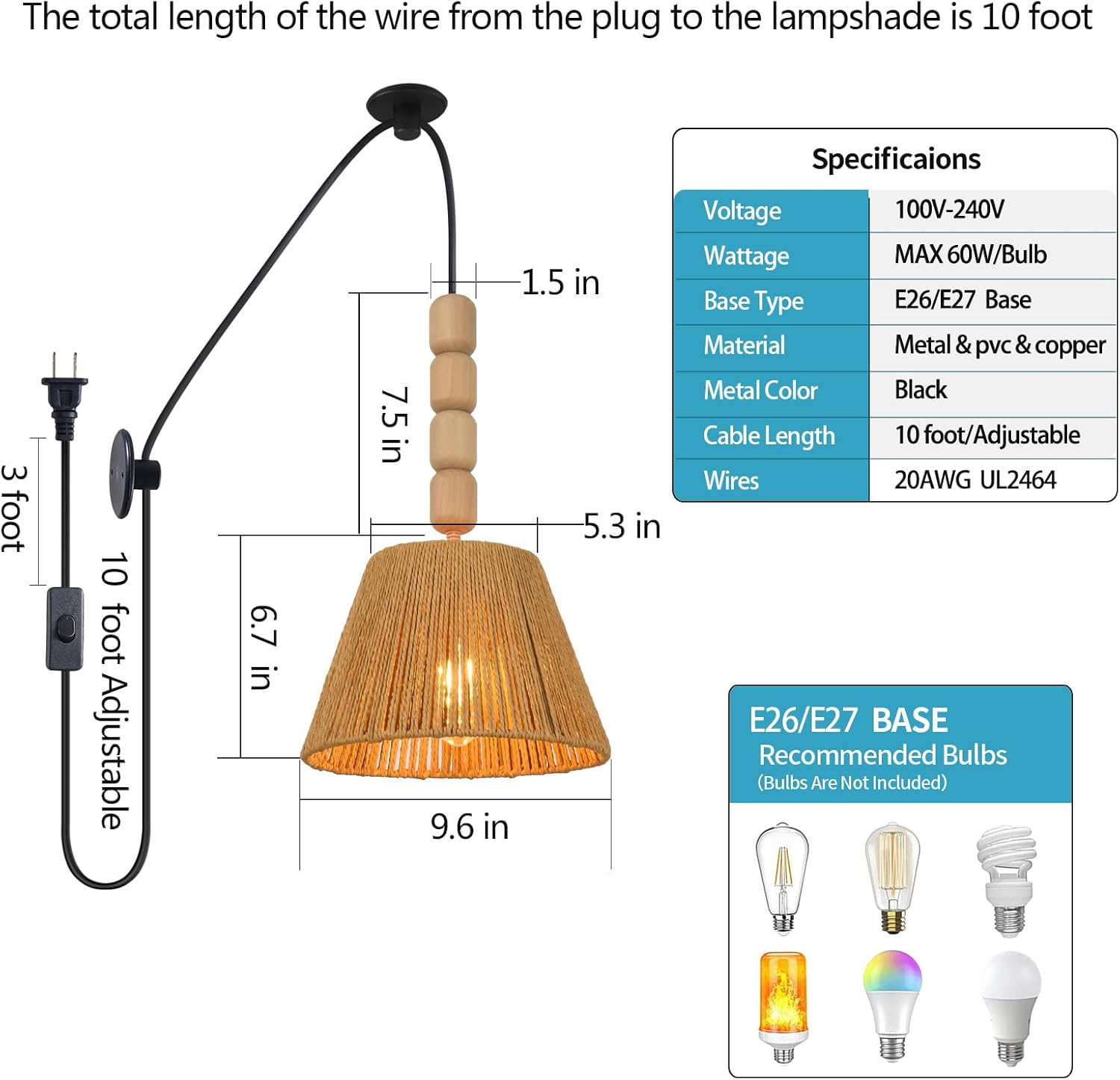 THESG-Boho Bedside Pendant Light - Rattan Hanging Lamp with Paper Shade ...