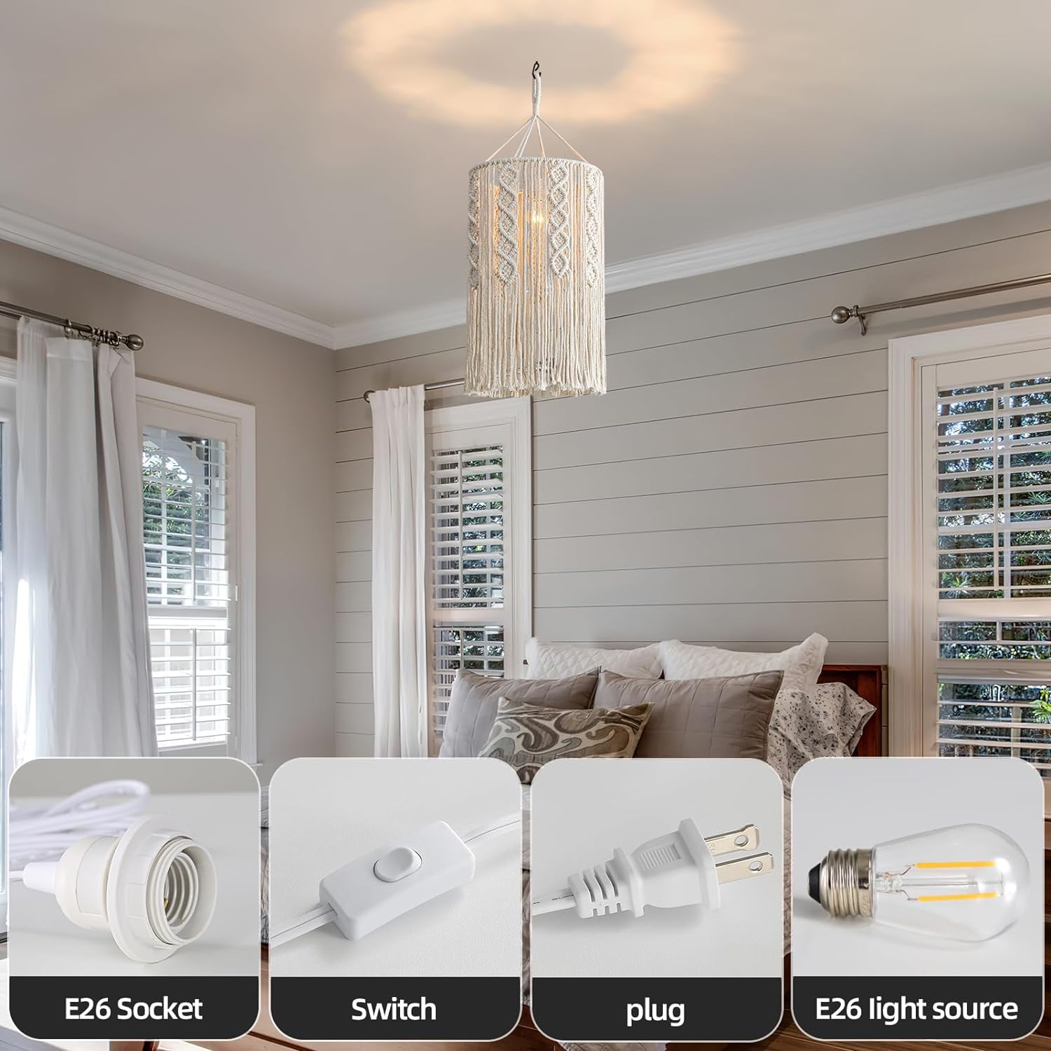 THESG-Boho Lamp Shade,Boho Hanging Lamp Handmade Macrame Lamp Shade ...