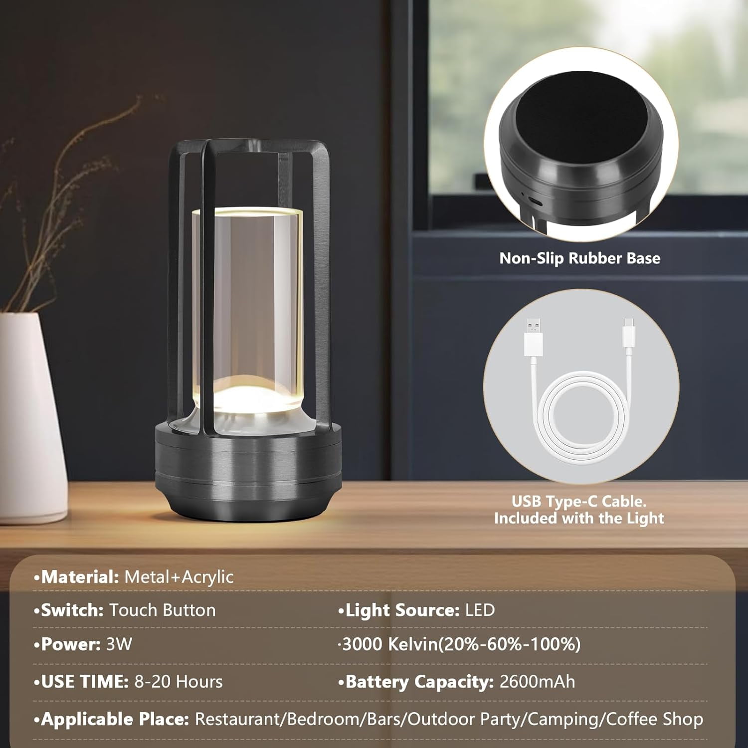 THESG-Cordless Portable LED Table Lamp Rechargeable Battery Operated ...