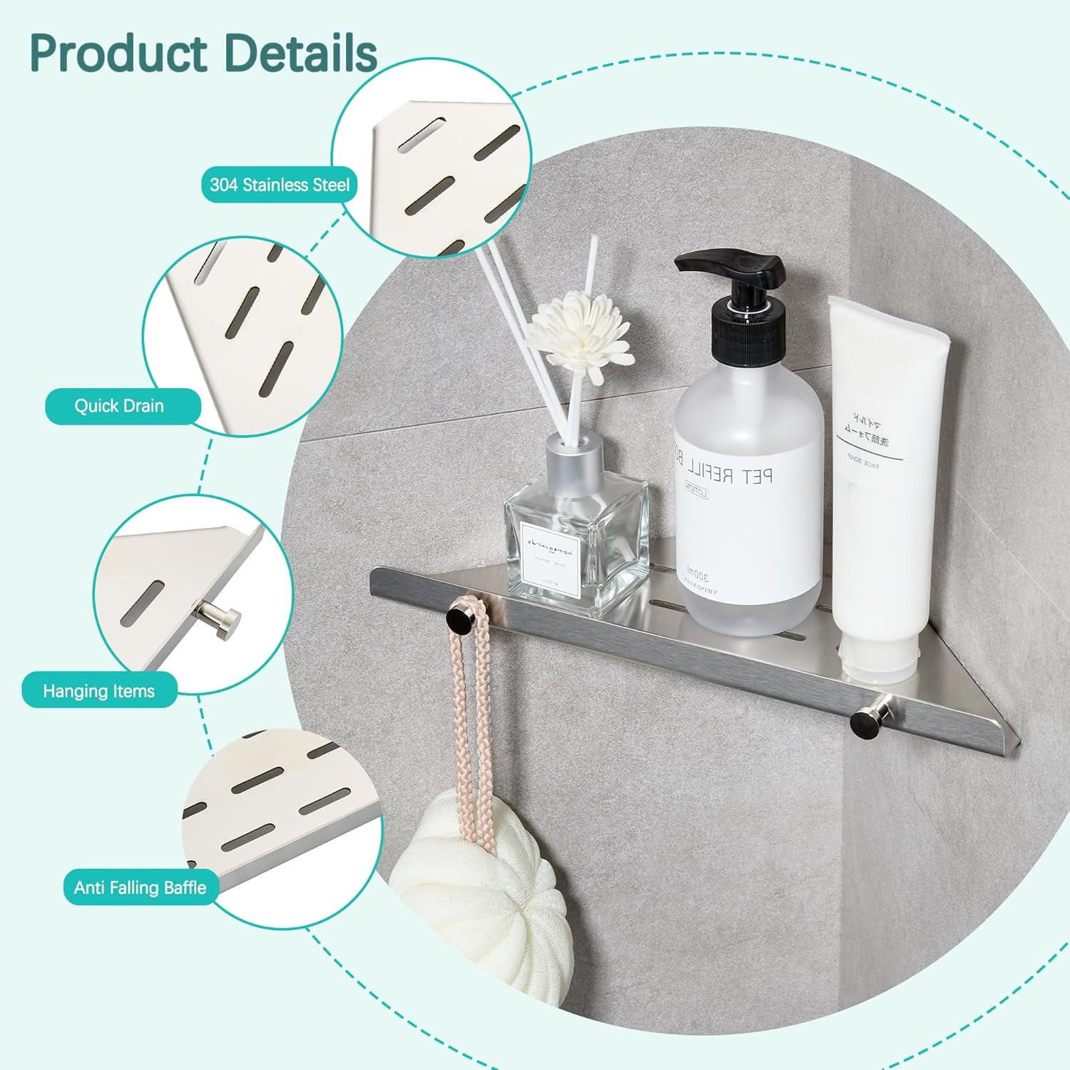 THESG-Corner Shower Shelf, No Drill, 304 Stainless Steel, with Two ...