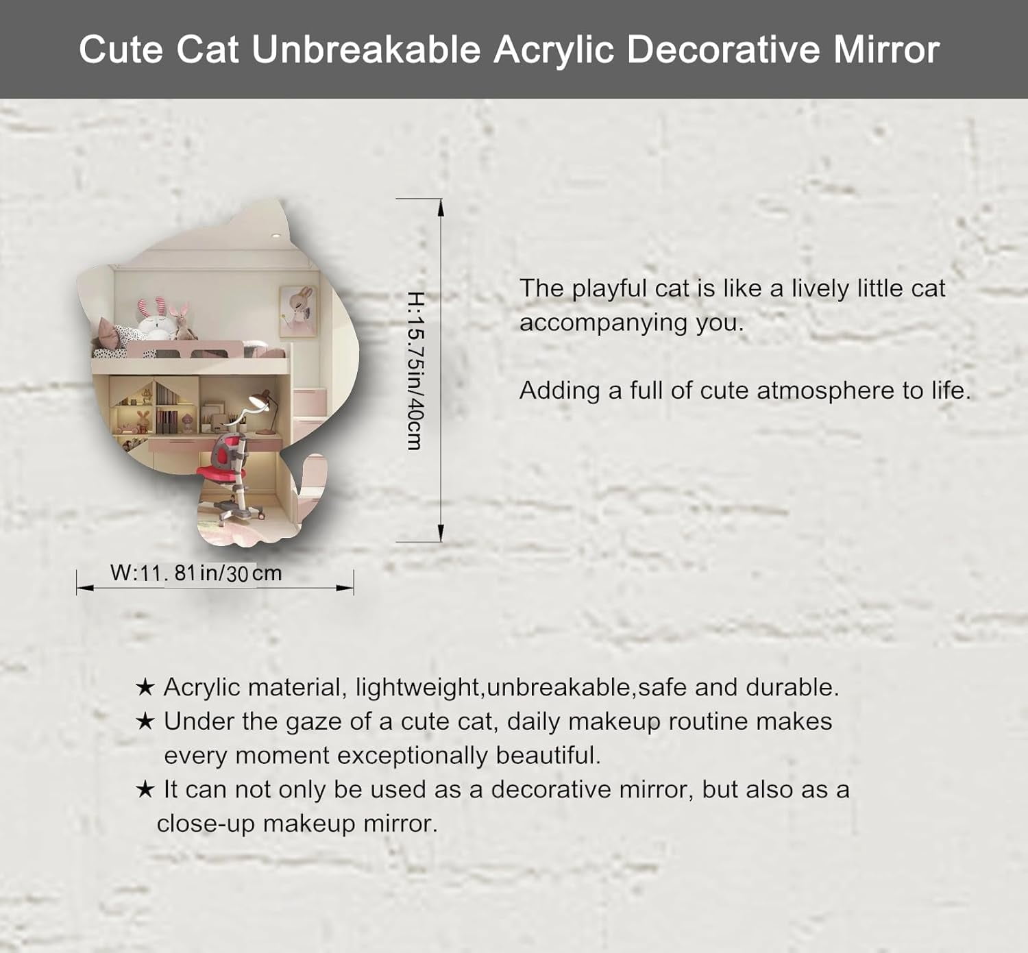 THESG-Cute Cat Unbreakable Acrylic Mirror Non-Glass Shatterproof Mirror ...