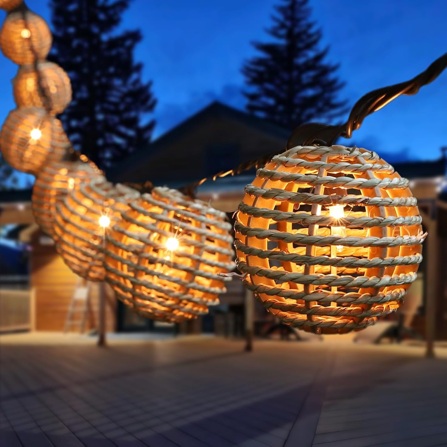 THESG-Decorative Outdoor Patio String Lights, Seagrass Rattan Wire Ball ...