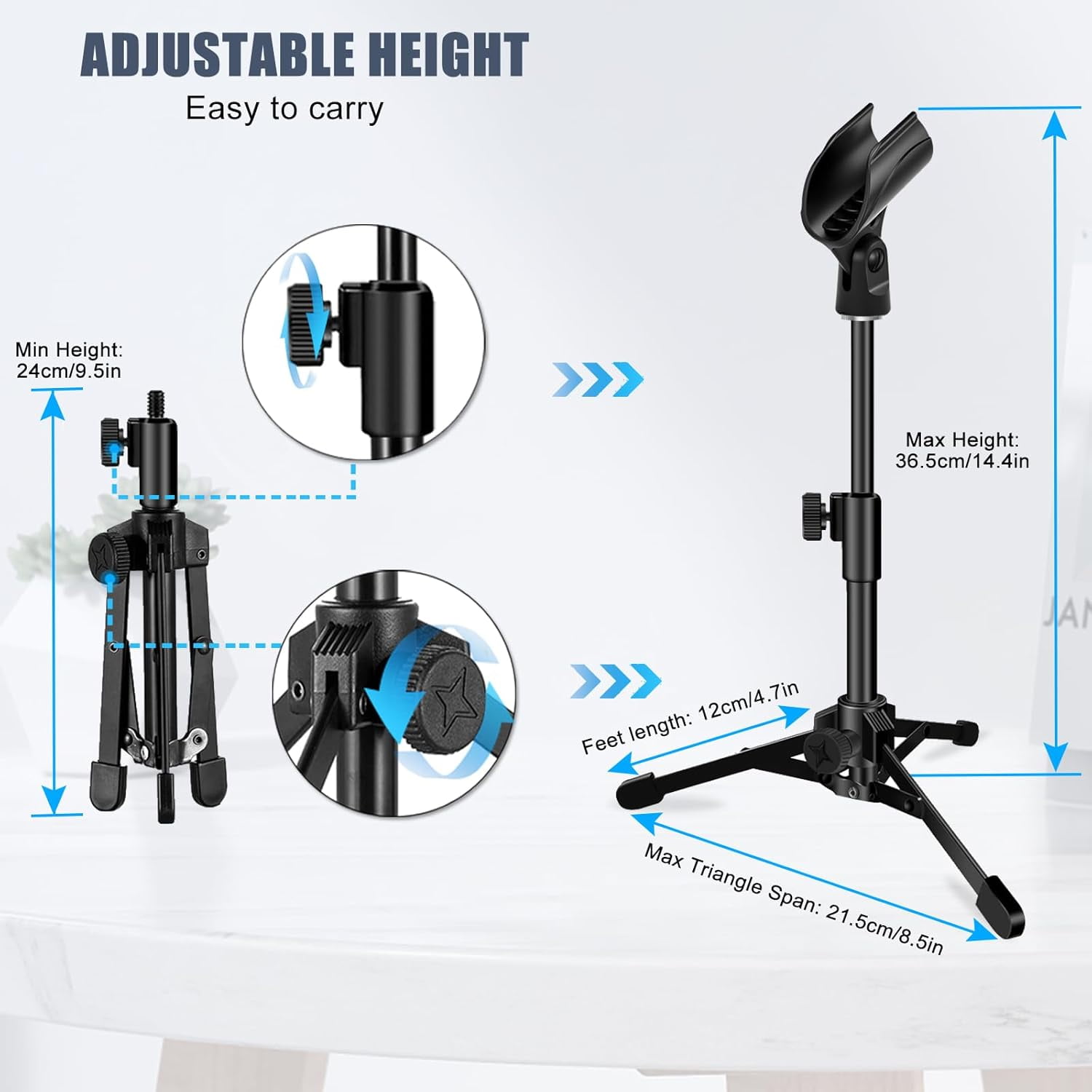 THESG-Desk Mic Stand, Portable Foldable Microphone Tripod with Mic Clip ...