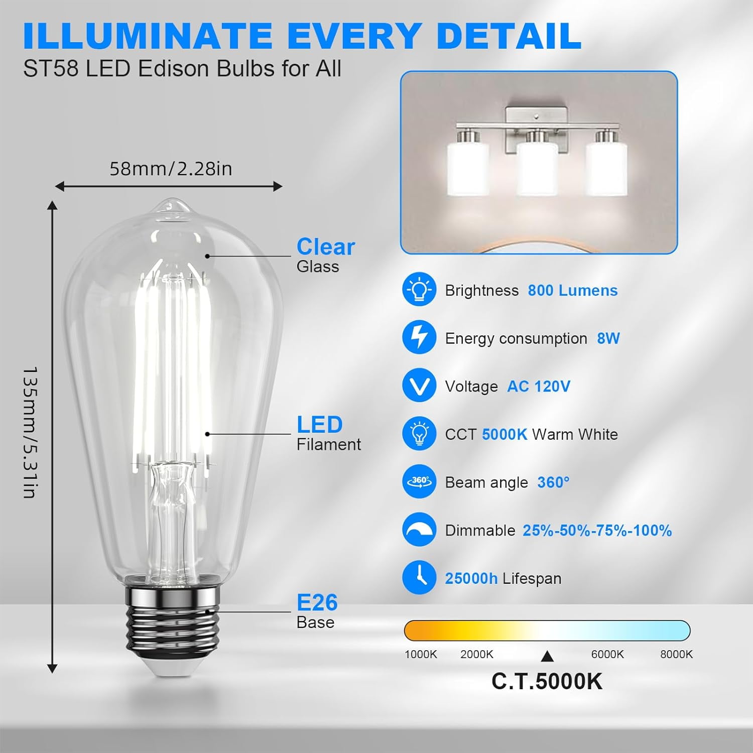 THESG-E26 LED Edison Bulbs: 6-Pack 8W Equivalent 80W Dimmable LED Bulbs ...