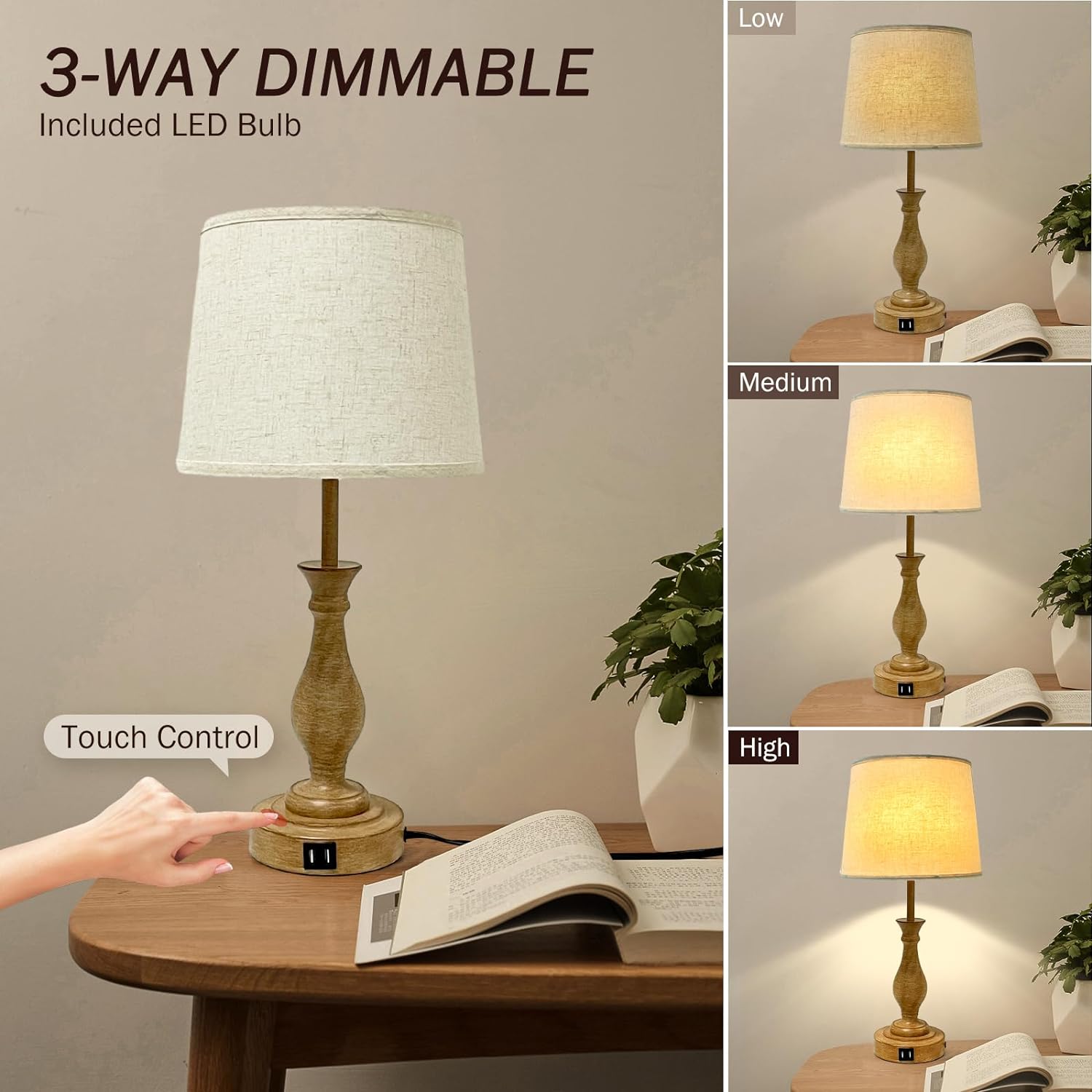 THESG-Farmhouse Table Lamp Touch Control 3-Way Dimmable Table Lamp ...
