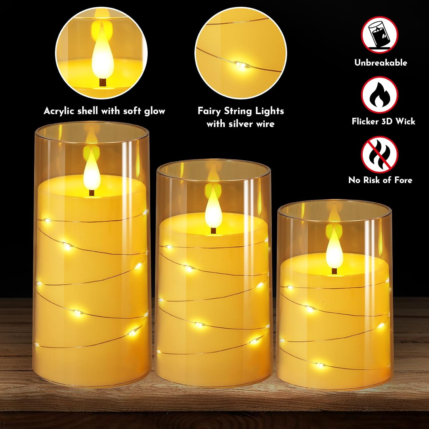THESG-Flickering Flameless Candles: Built-in Star String Lights Acrylic ...