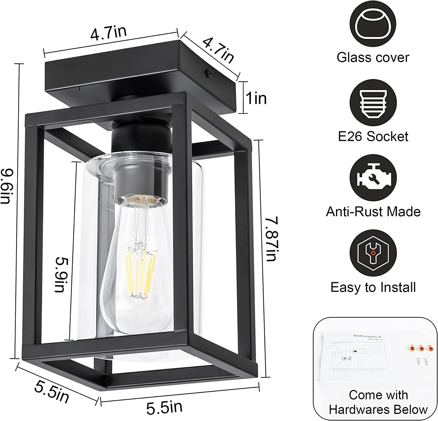 THESG-Flush Mount Ceiling Light Fixture with Clear Glass Shade ...