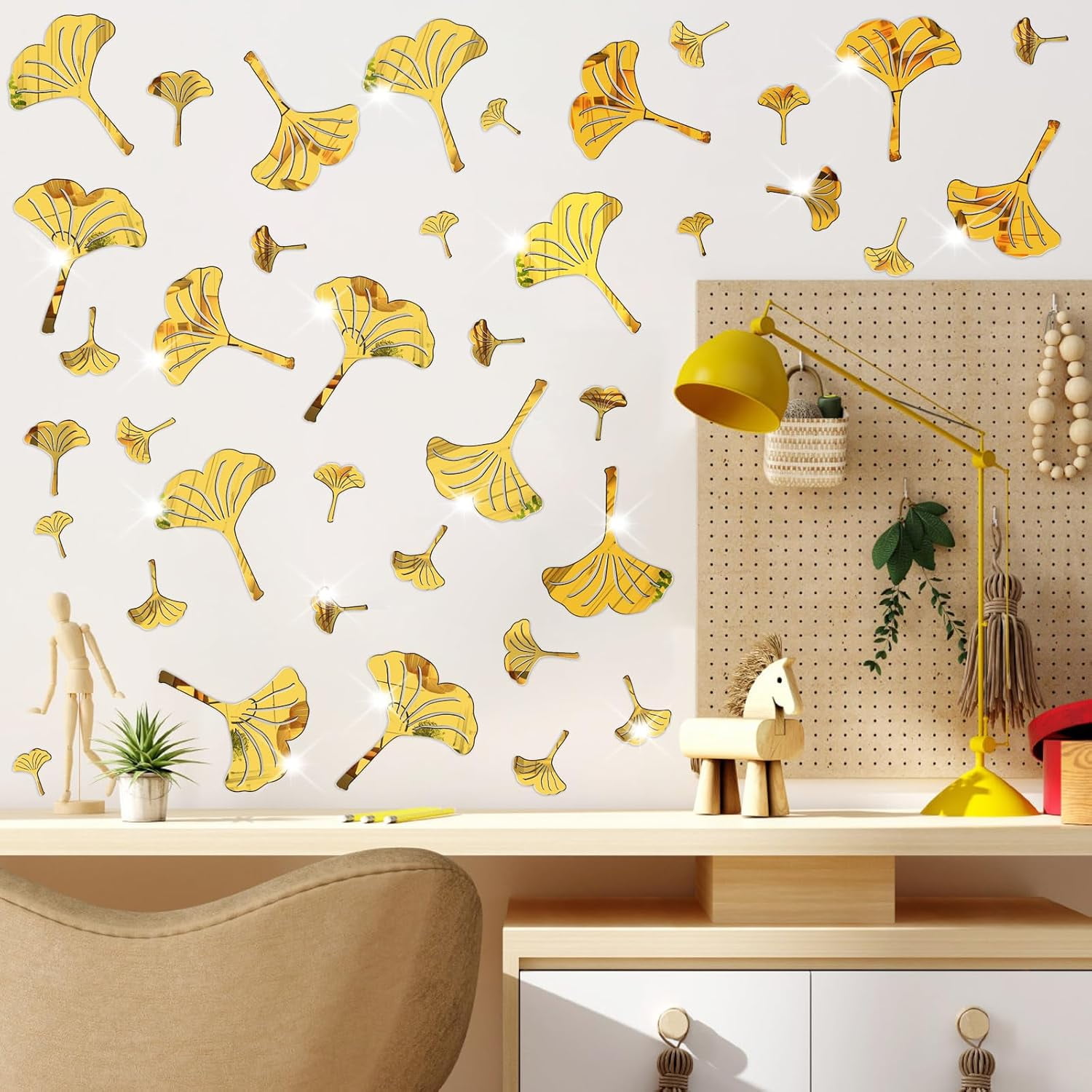 THESG-Gold 3D Acrylic Mirror Stickers Modern Leaves Wall Decals Mirror ...