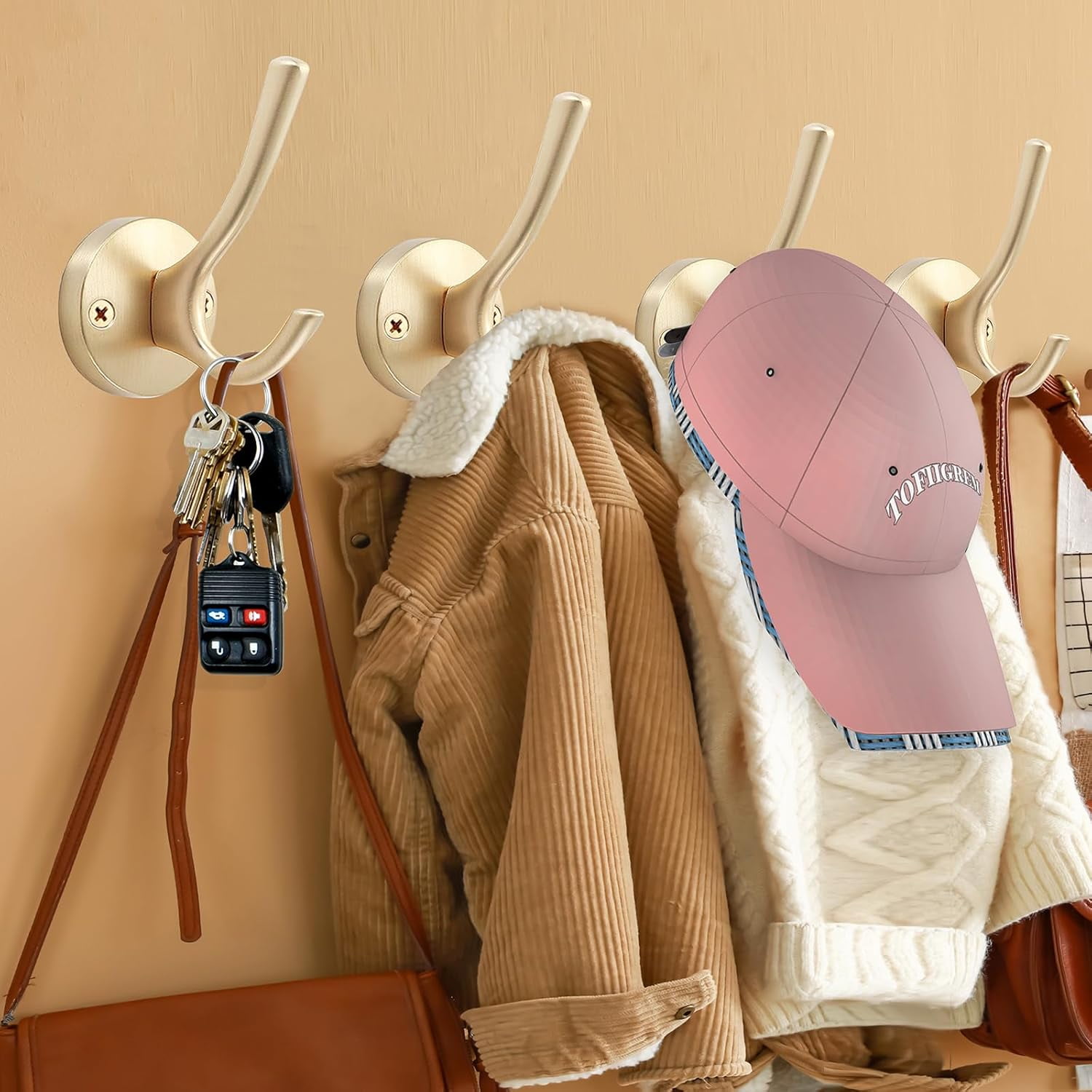 THESG-Gold Hat and Coat Hooks, 4 Pack Heavy Duty Robe Hook Metal Double ...