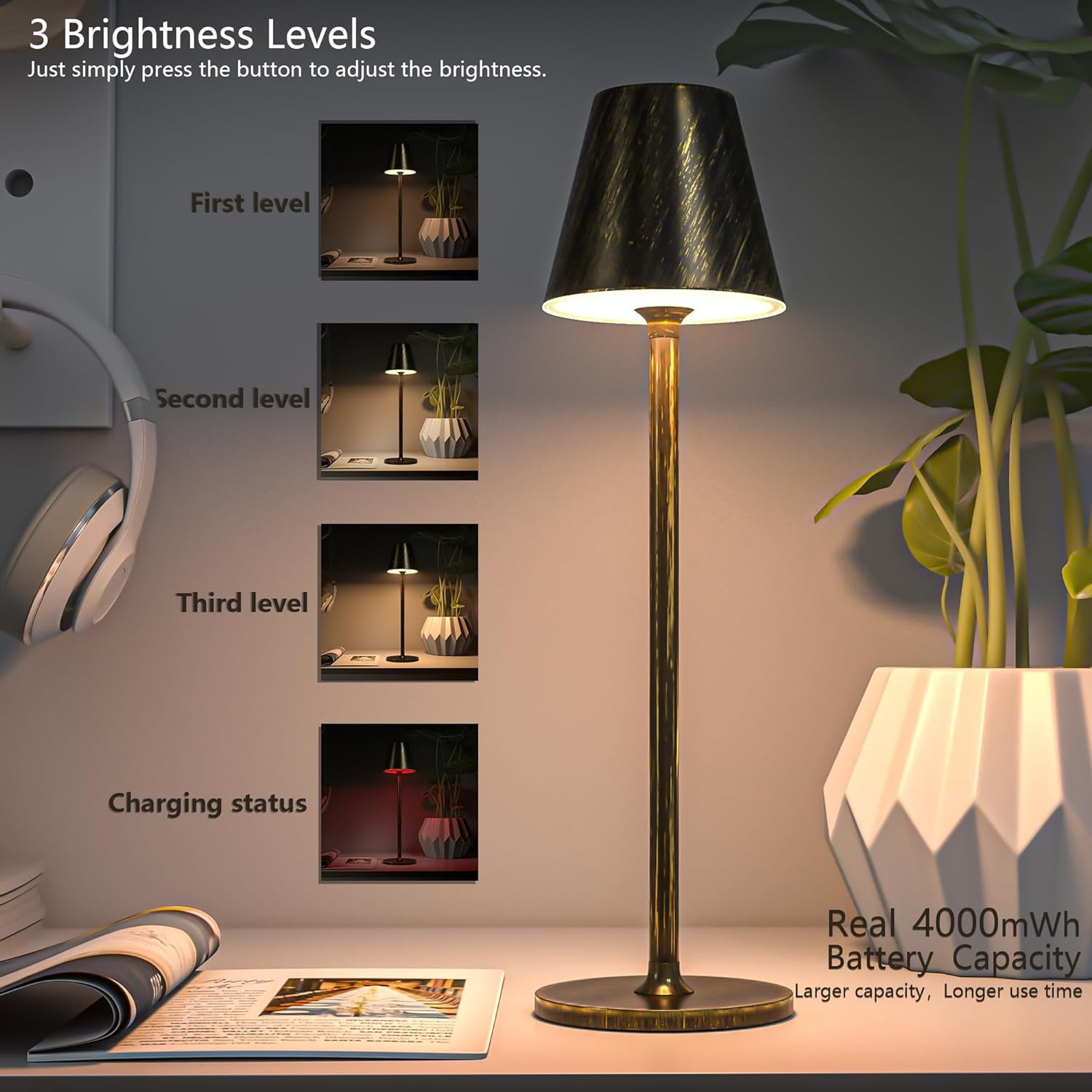 THESG-LED CordlessTable Lamp,4000mAh Rechargeable Battery Desk lamp,3 ...